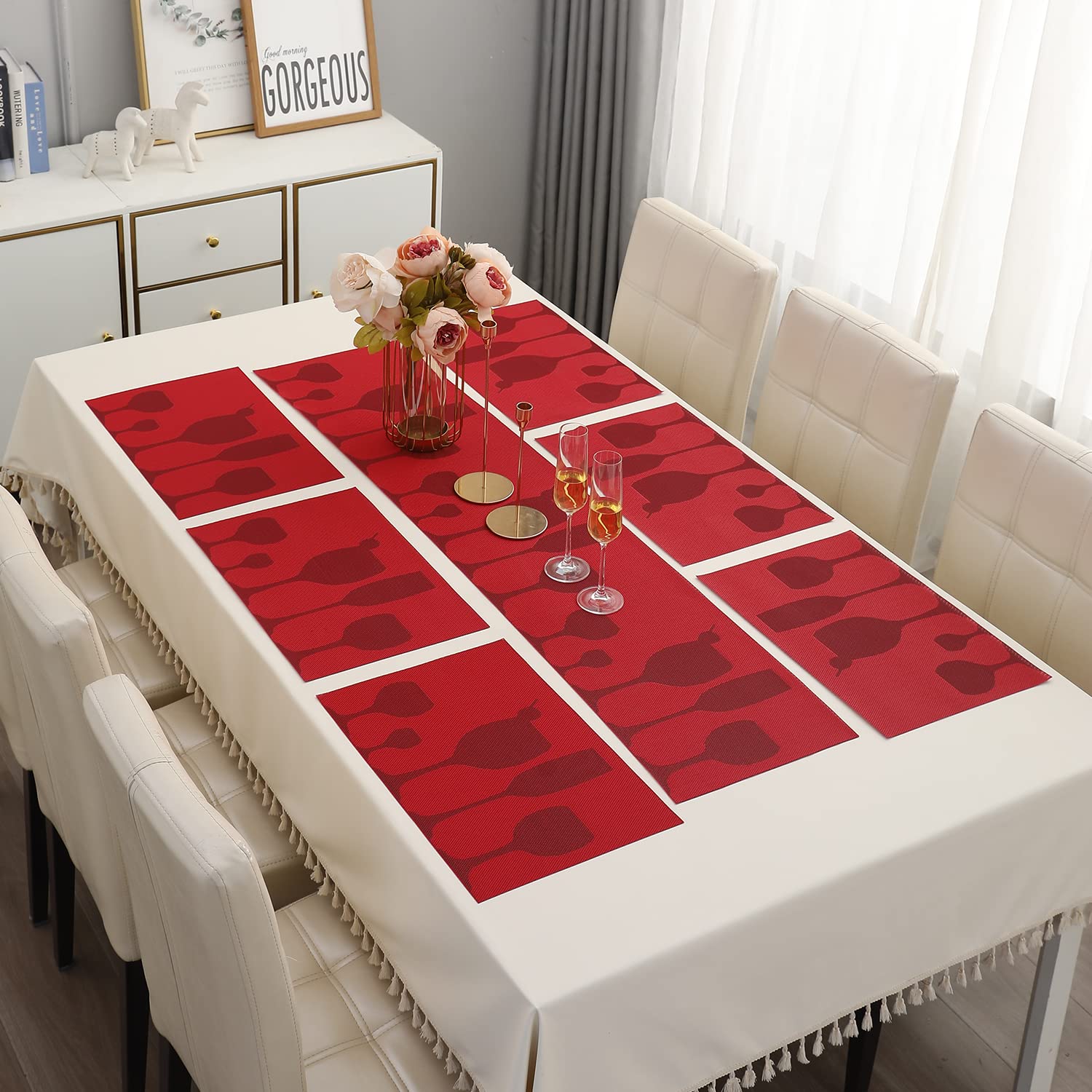 Buy HOKIPO Pvc Dining Table Mat 6 Pieces With Runner (Ar2357), Red ...