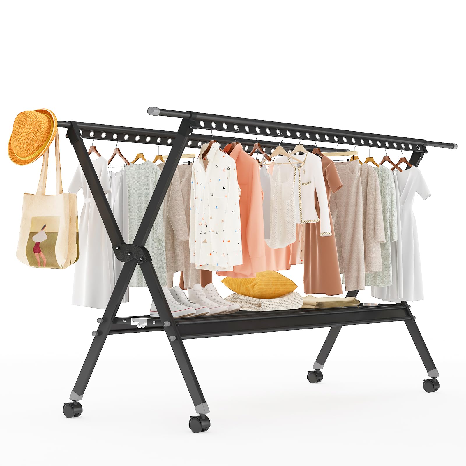 Amazon.com: furlinkhm Clothes Drying Rack with Wheels，Clothing Folding ...