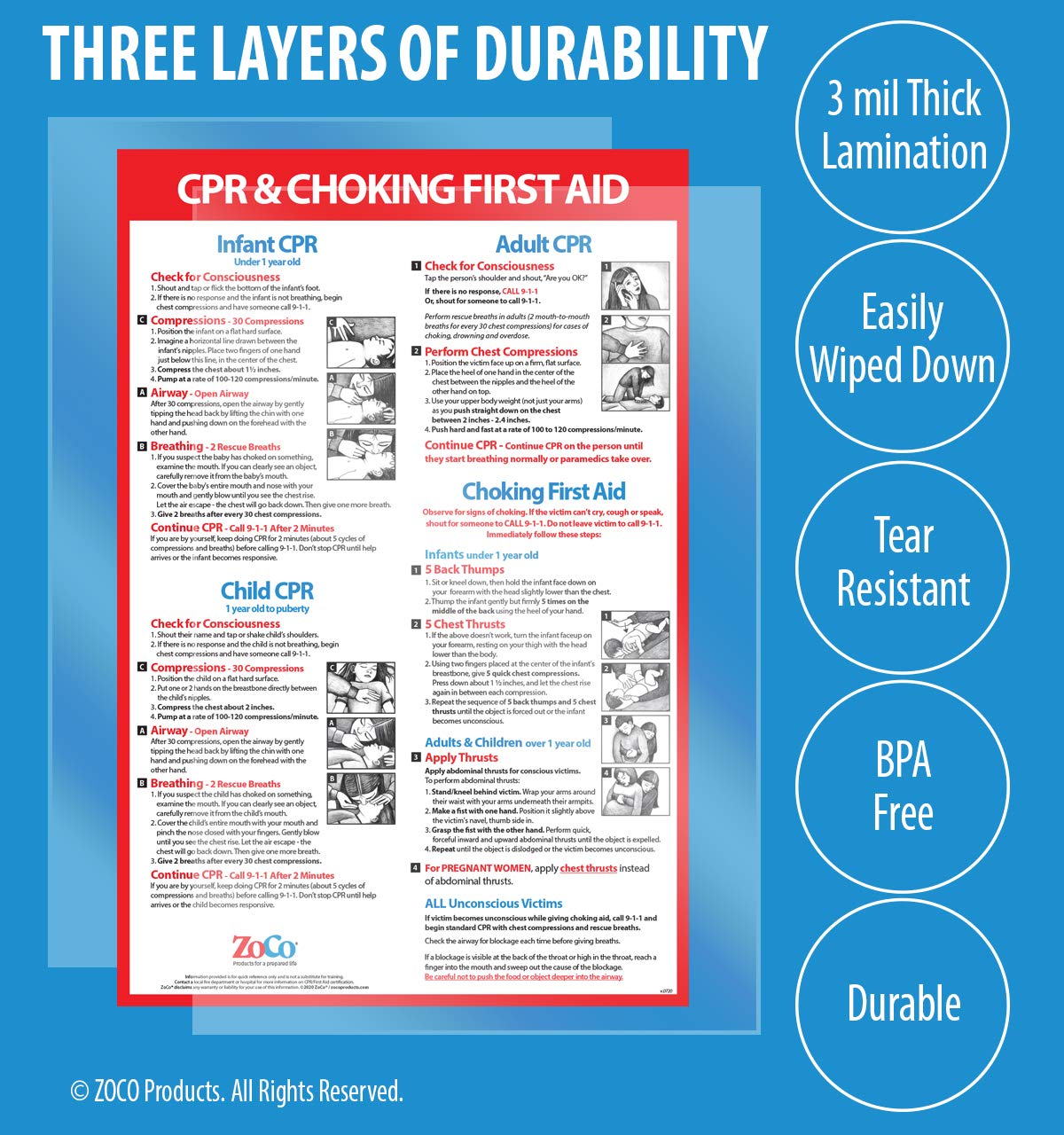 CPR and Choking Poster for Infant, Child, Adult - Laminated, 12 x 18 in ...