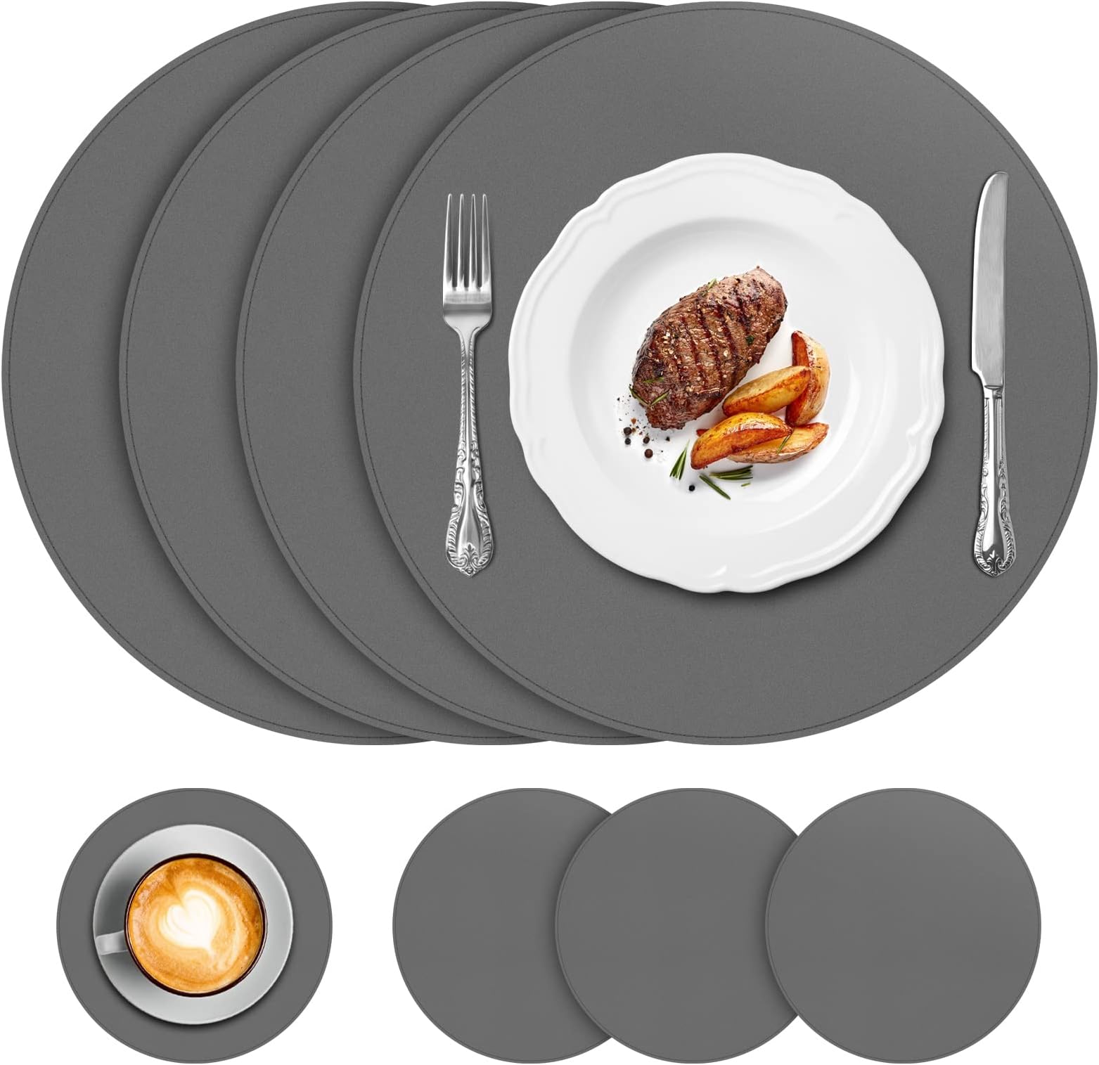 JZK Set of 8 grey braided round table mats and coasters, 4 large round ...
