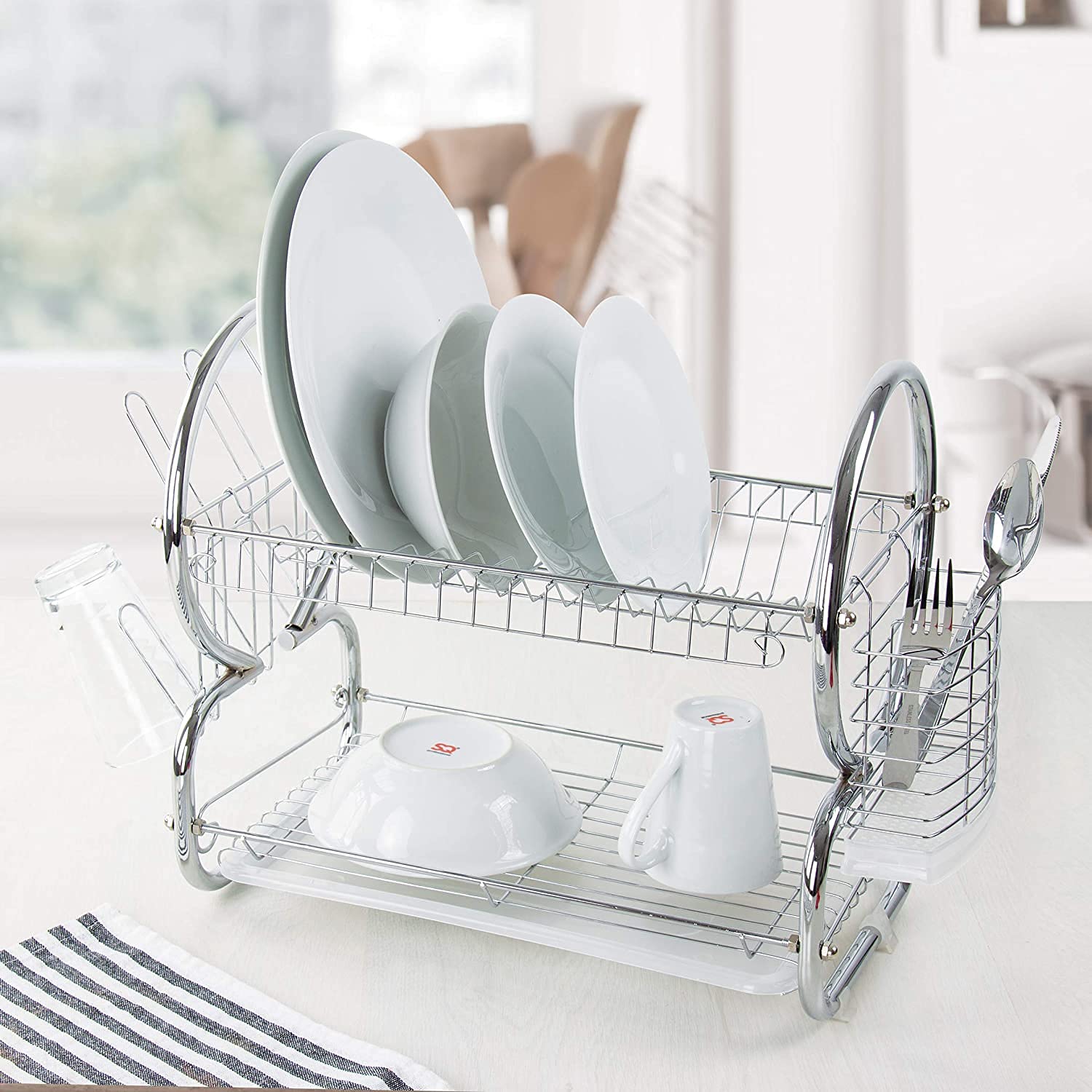 Buy KIRFIZ S Shape Dish Drainer, 2-Tier Dish Rack with Drip Removable ...