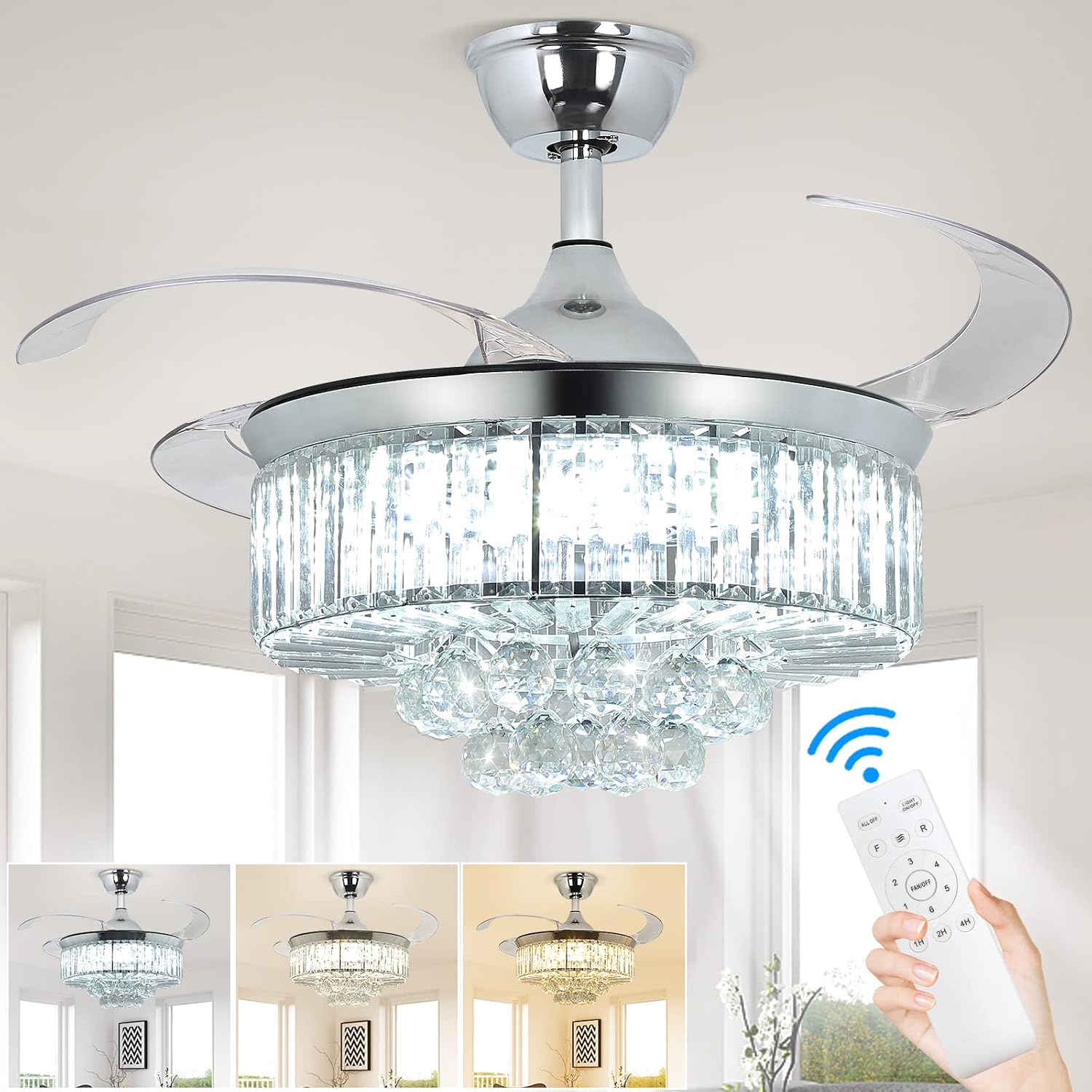 DLLT 42 Inch Retractable Fandelier Crystal Ceiling Fan with Lights and ...