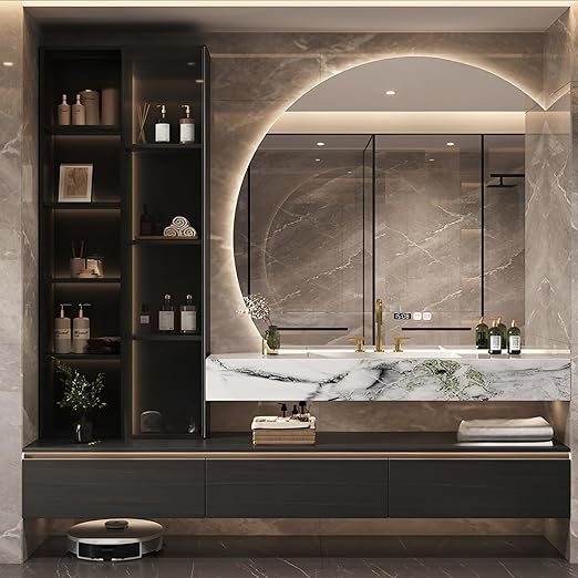 Amazon.com: Single Sink Vanity for Bathroom, Modern Bathroom Vanities with LED Semi-Circular ...