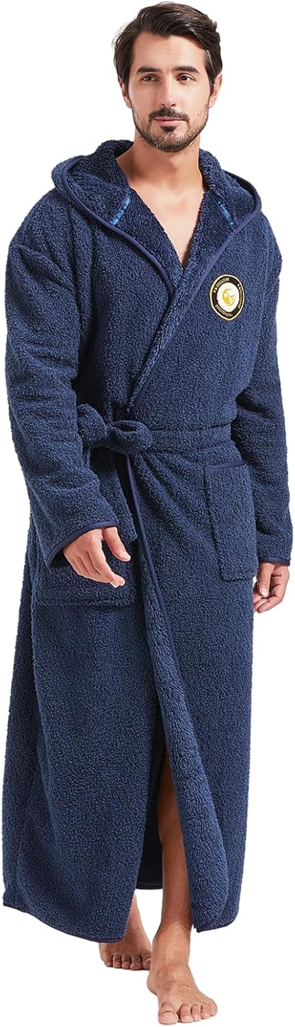 FashGudim 400g Mens Plush Robe with Hood Full Length Winter Long Luxury ...