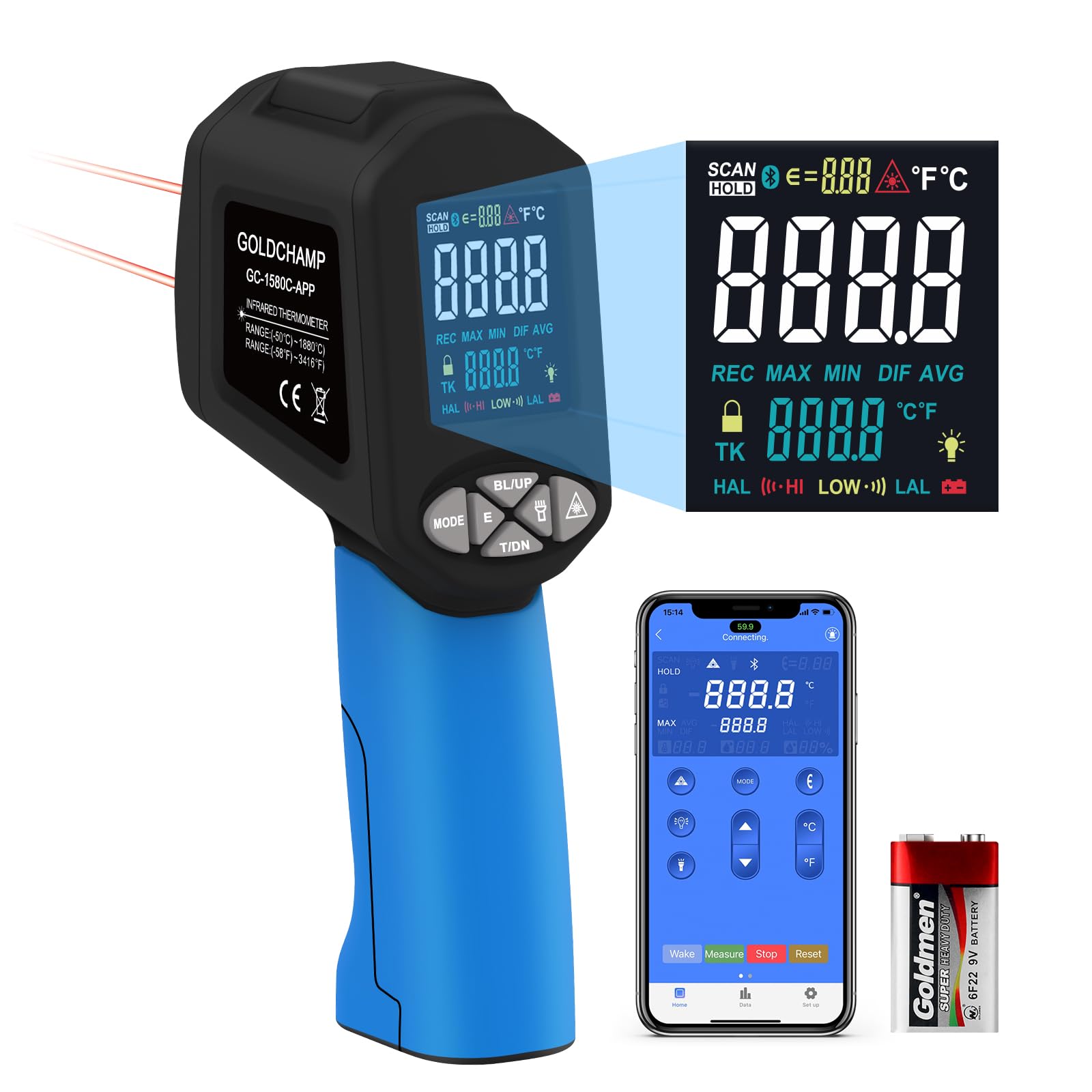 Amazon.com: High Temp Thermometer Pyrometer, Non-Contact Bluetooth ...