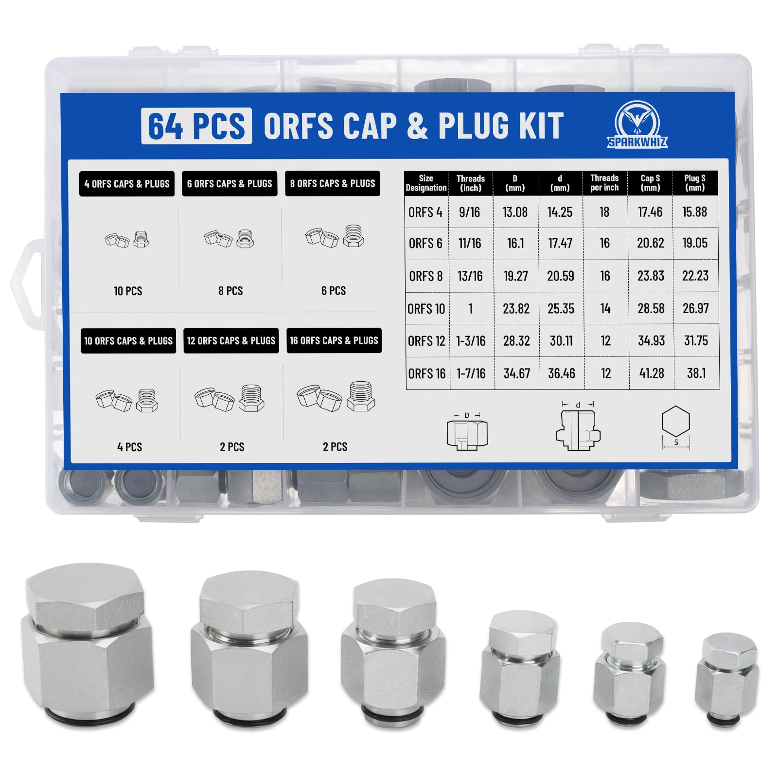 Snapklik.com : SPARKWHIZ 64 Piece ORFS Cap & Plug Kit Hose Tube And ...