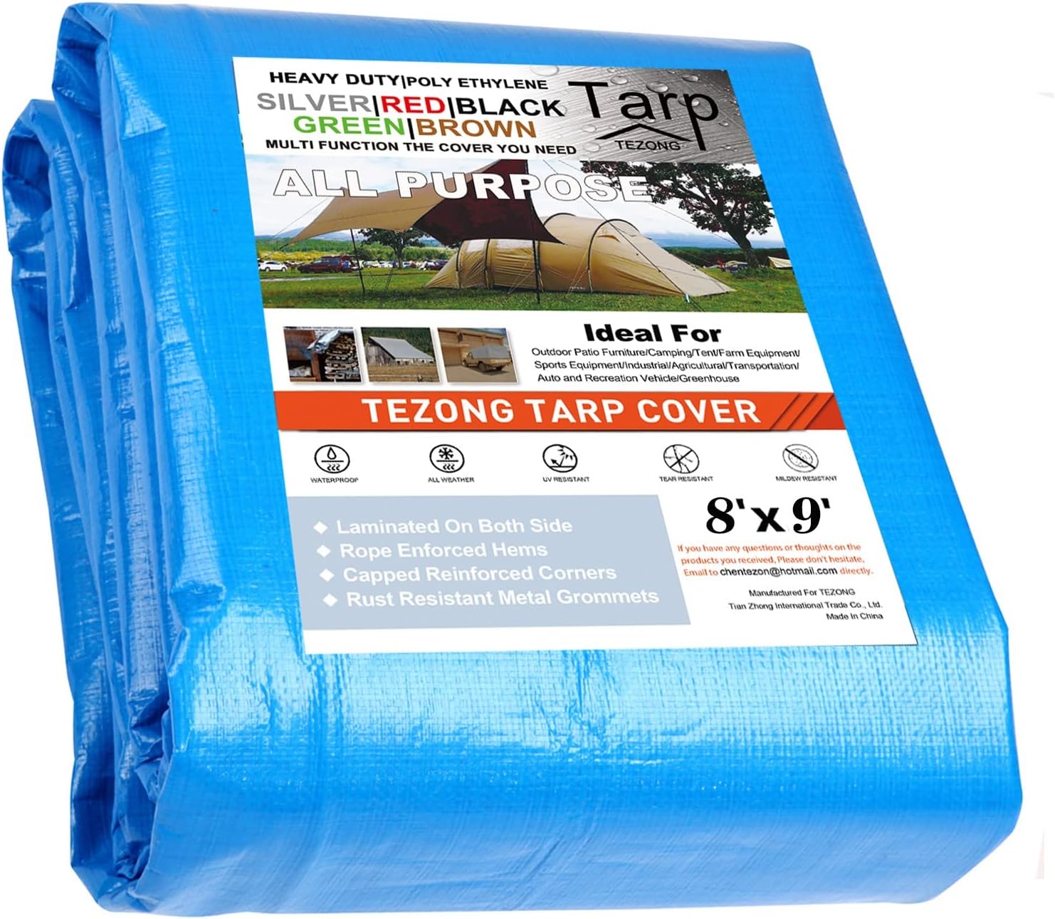 Tarps Heavy Duty Waterproof 8x9ft,TEZONG Blue Poly Tarp 12Mil ...