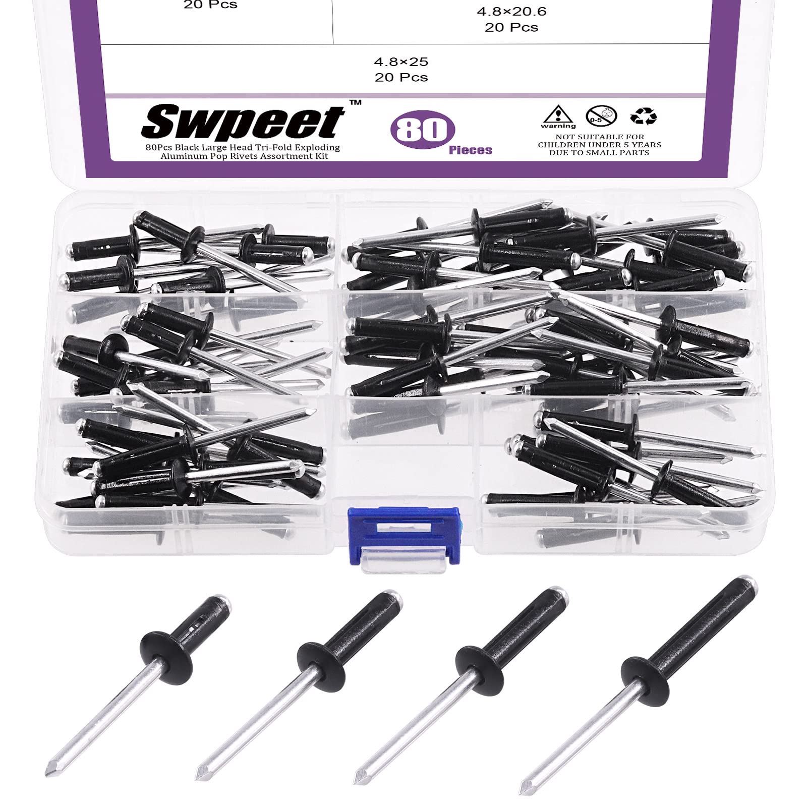 Swpeet 80Pcs 3/16" x 9/16" / 3/4" / 13/16" / 1" Aluminum Long Grip Tri ...