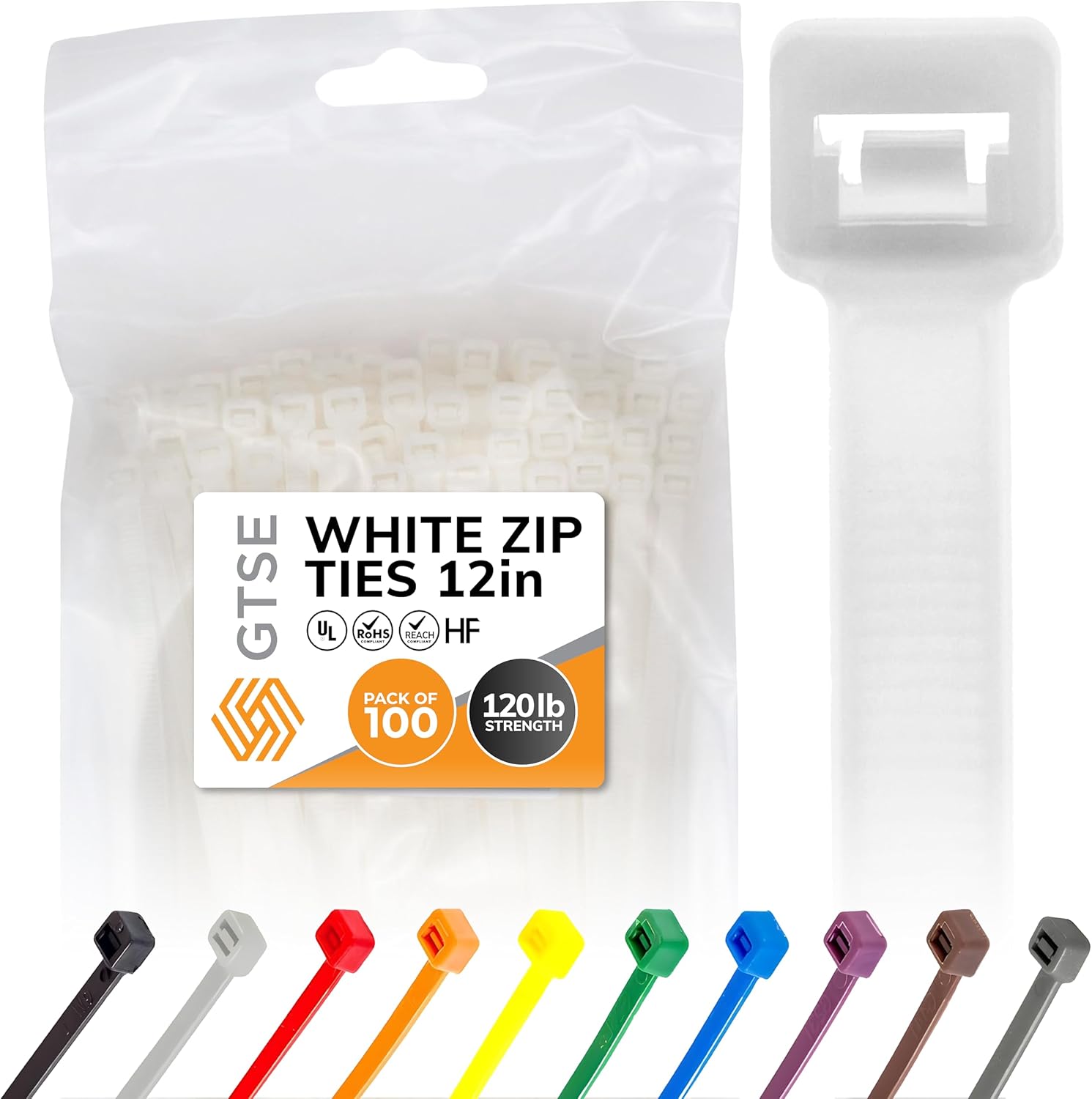 GTSE 12” White/Clear Heavy Duty Zip Ties, 100 Pack, 120lb Strength, UV ...