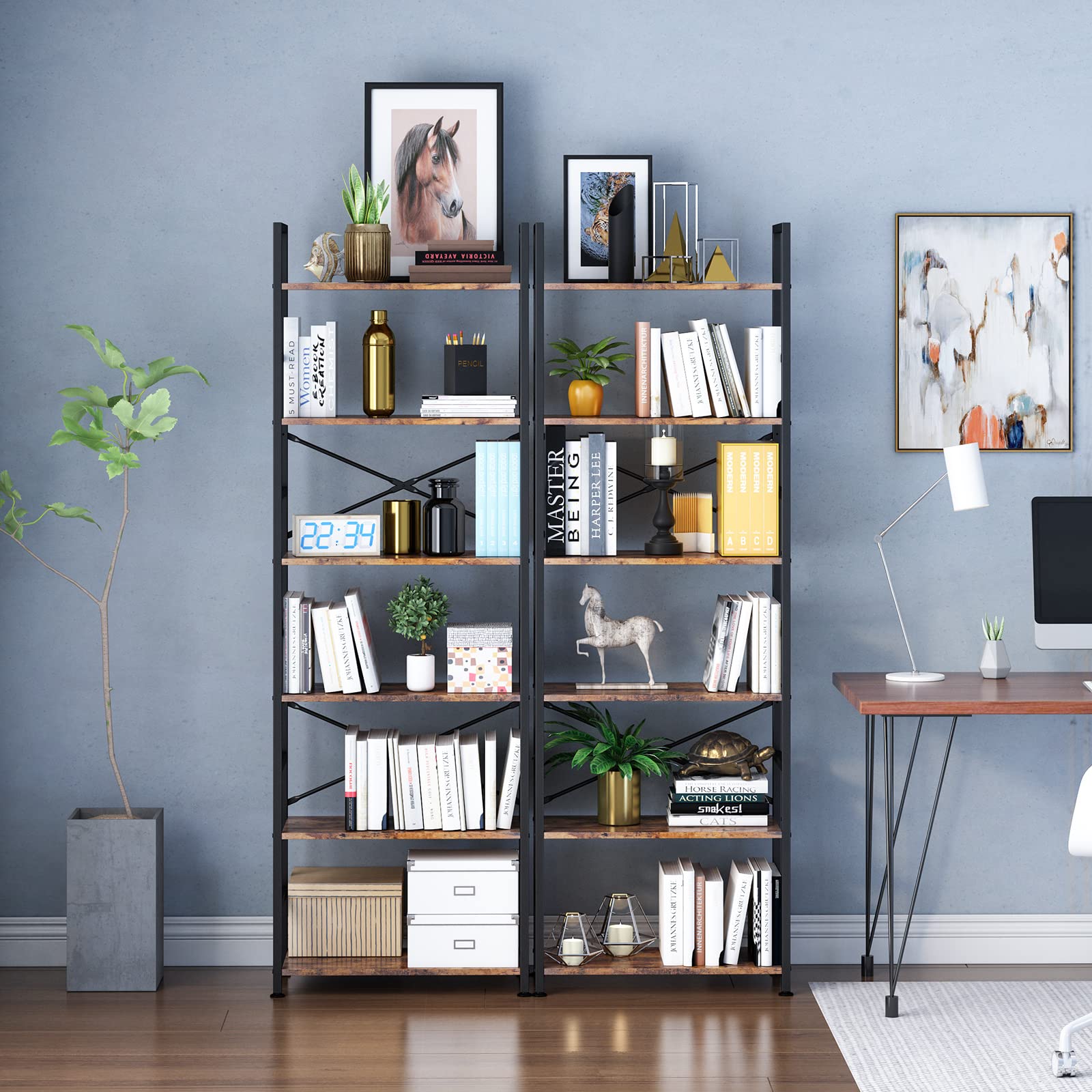 CosyStar 6 Tier Tall Rustic Wood Bookshelf, Metal Frame Standing ...