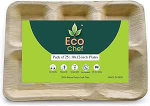 Amazon.com: Eco Chef Disposable Palm Leaf 10"x12" 5 Partition Plates ...