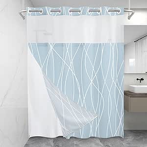 Amazon.com: LXBNI No Hook Light Blue Striped Shower Curtain with Snap in Fabric Liner Set ...