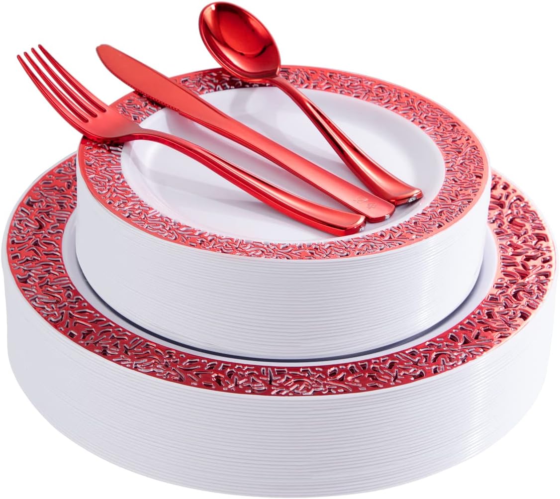 Amazon.com: U-QE 150PCS Red Plastic Plates with Plastic Silverware, Red ...