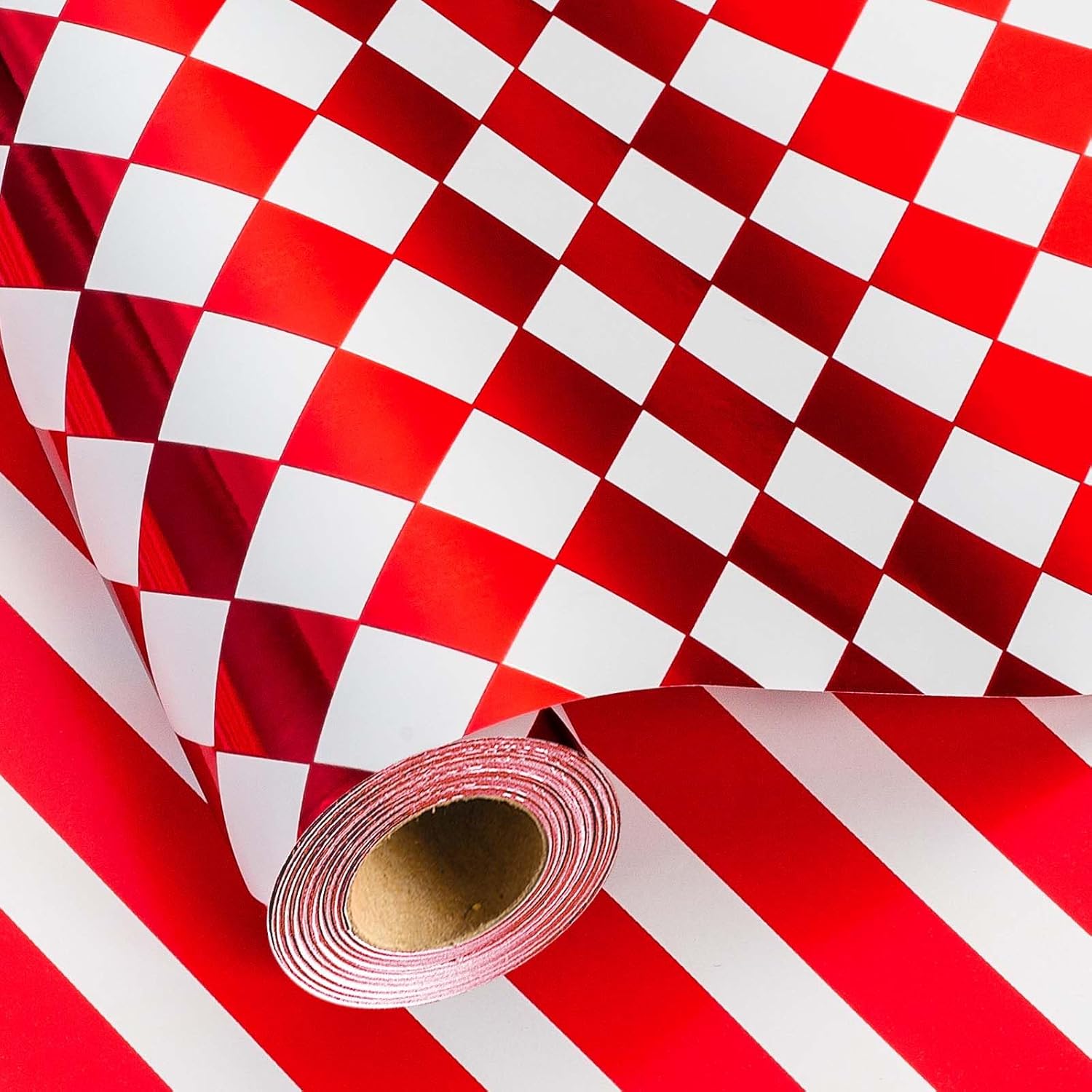 Amazon.com: HOMERAL Checkered Wrapping Paper Roll - Red Metallic Foil ...