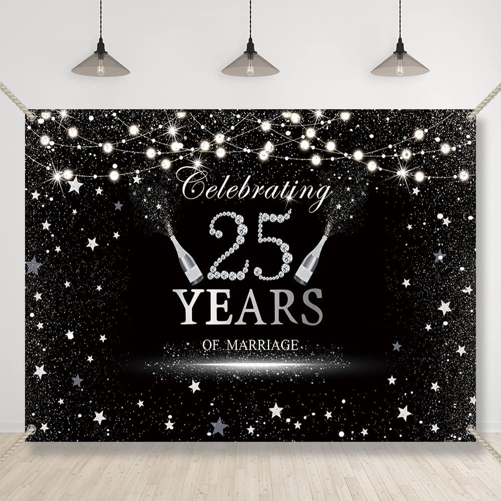 Amazon.com : XCKALI Happy 25th Anniversary Backdrop Black and Gold ...