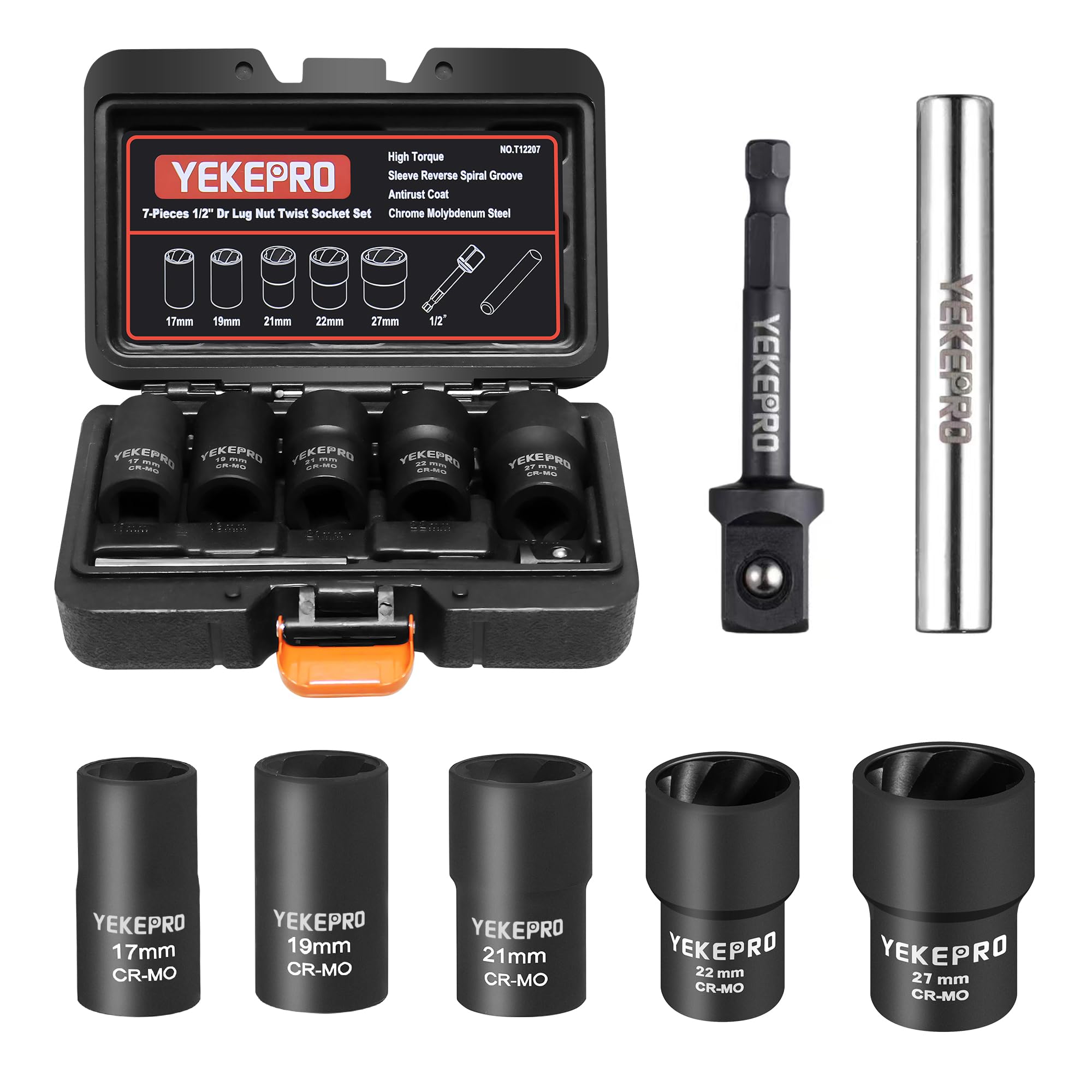 YEKEPRO 7PCS Lug Nut Removal Tool, 1/2" Drive Impact Twist Lug Nut ...