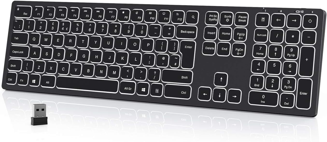 Wireless Keyboard Backlit, Rechargeable 2.4G USB Cordless Keyboard with ...