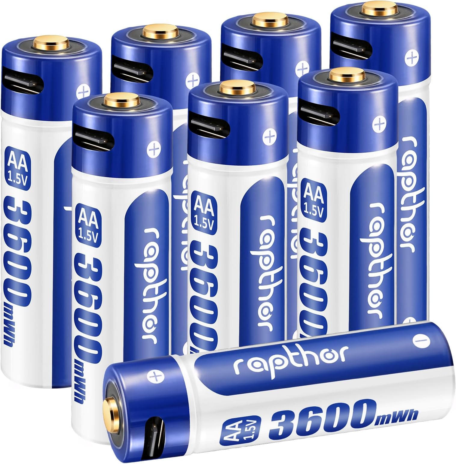 Rapthor AA Rechargeable Batteries 1.5V 3600mWh with 4-in-1 USB Type-C ...