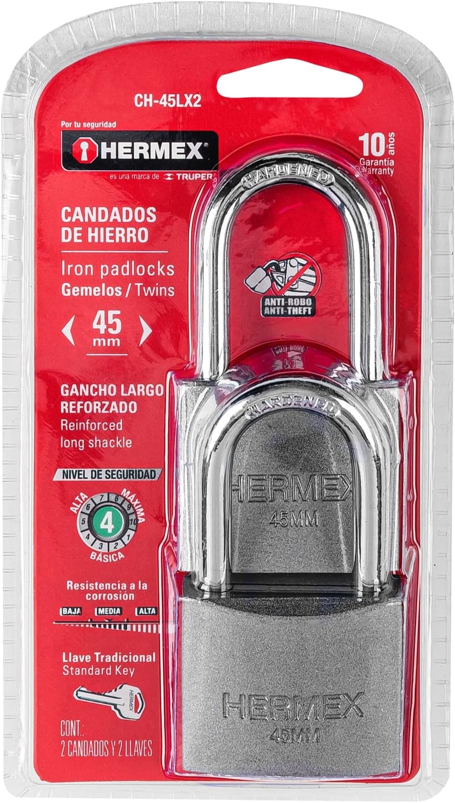 Hermex CH-45LX2, Candado gemelo con cuerpo de hierro de 45mm, gancho ...