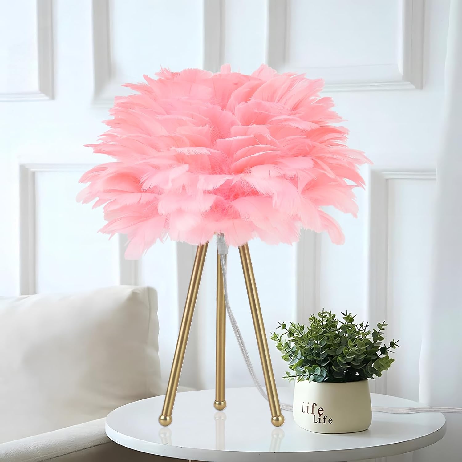 Capslpad Feather Tripod Table Lamp,Pink Modern Bedside Lamp 15.3" Gold ...