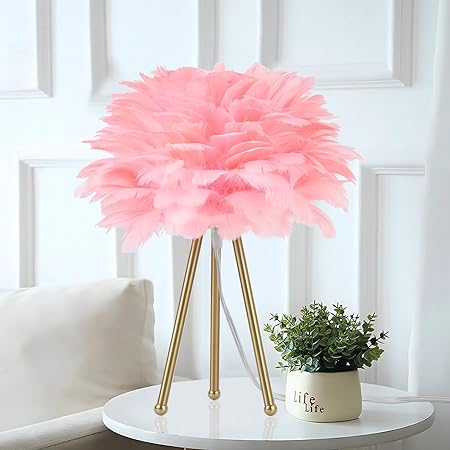 Capslpad Feather Tripod Table Lamp,Pink Modern Bedside Lamp 15.3" Gold ...