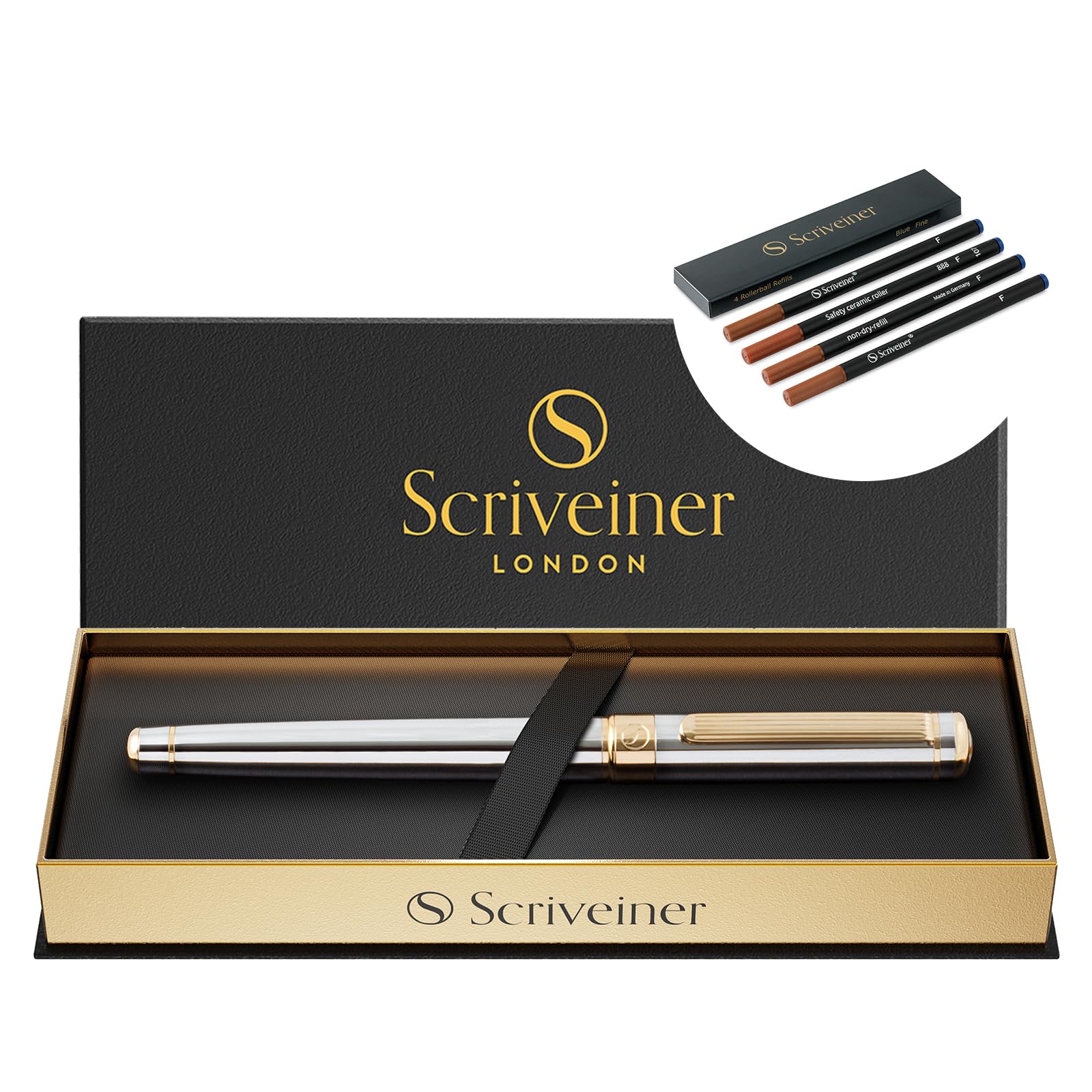 Amazon.com: Scriveiner Silver Chrome Rollerball Pen - Stunning Luxury ...