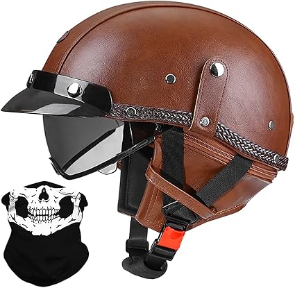 Demi-Casque Moto Rétro Casque Ouvert en Cuir Allemand, Homme Femme Vélo ...