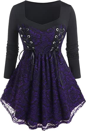 Amazon.com: ROSE GAL Rosegal Women Plus Size Gothic Lace Panel Lace-up ...