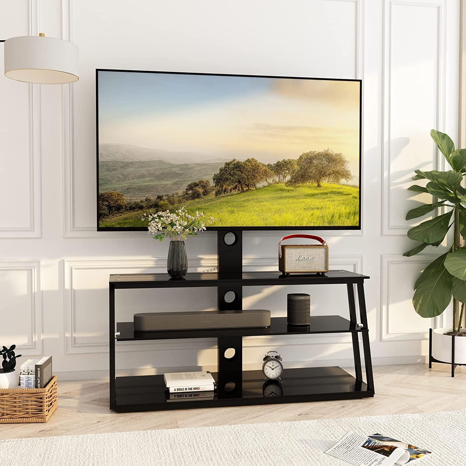 Amazon.com: Swivel TV Stand 3 Tiers Tempered Glass Storage, Height ...