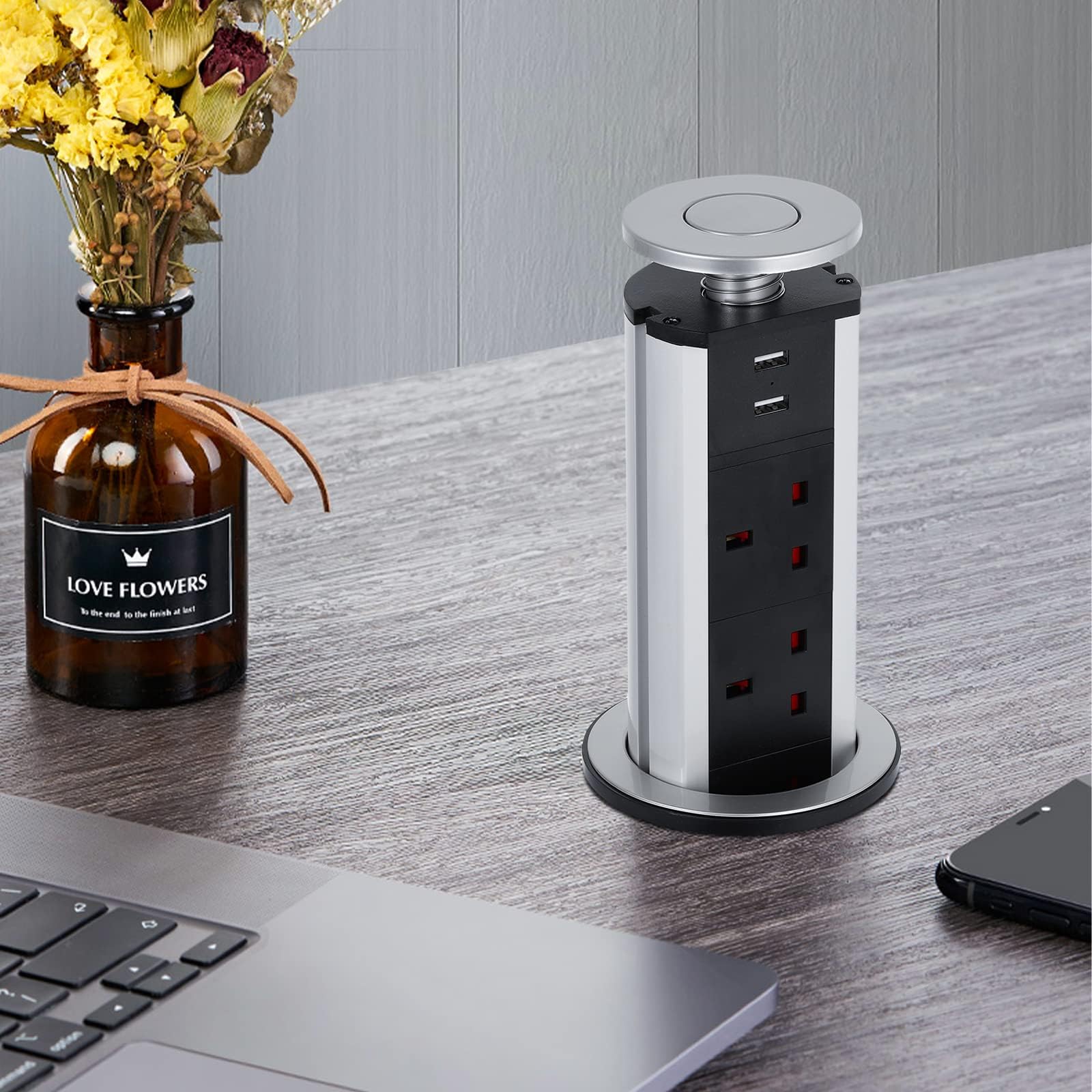 CURUK Pull Pop Up Sockets Extension with 2 USB for Kitchen Worktops ...