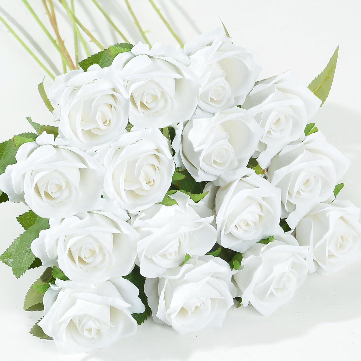 Artificial Silk Rose Flowers, 15 Pcs Fake Roses with Long Stems White ...