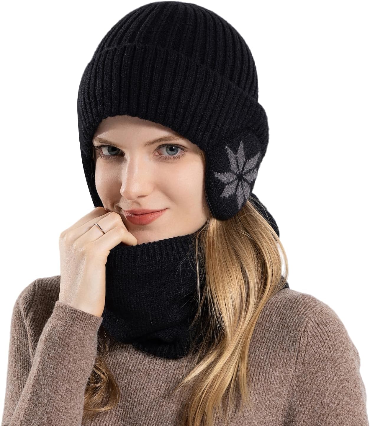 Women Winter Beanie Hat with Face Shield Peruvian Circle Scarf Set ...