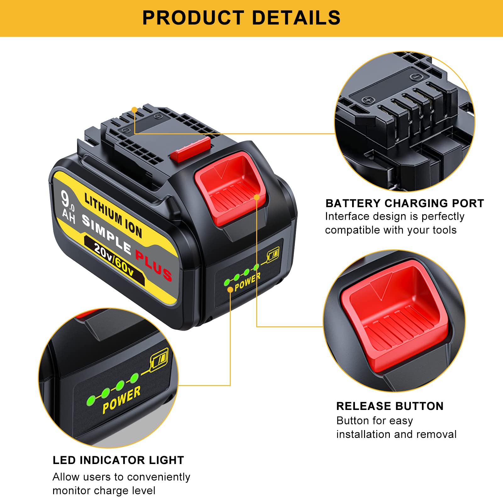 Simple Plus+ 20V/60V 9.0Ah MAX Replacement for DeWalt Battery, Replace ...
