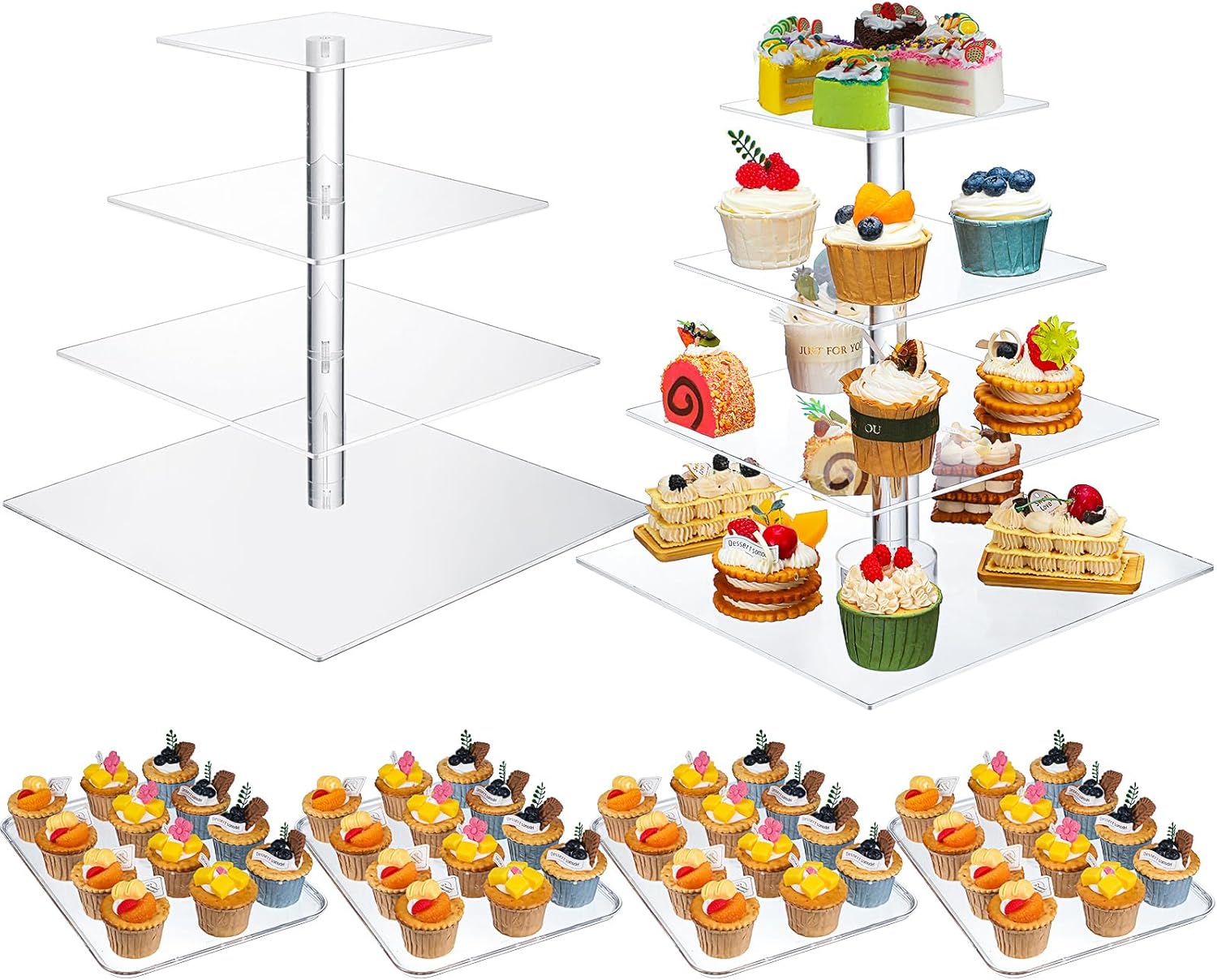 Amazon.com | 2 Pcs 4 Tier Square Cupcake Stand and 4 Pcs Serving Trays ...