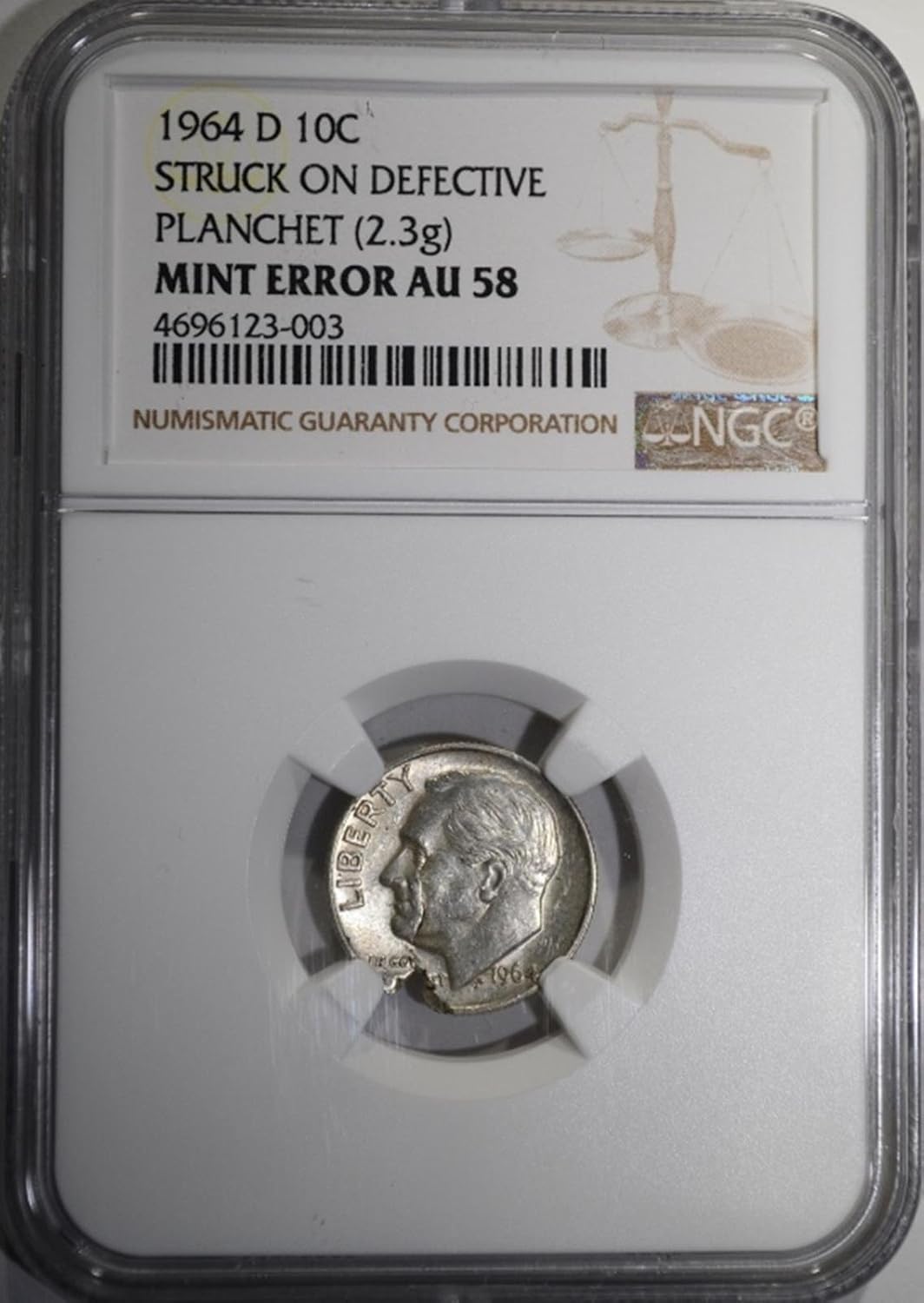 1964 D ROOSEVELT MINT ERROR STRUCK ON DEFECTIVE PLANCHET Dime AU-58 NGC ...