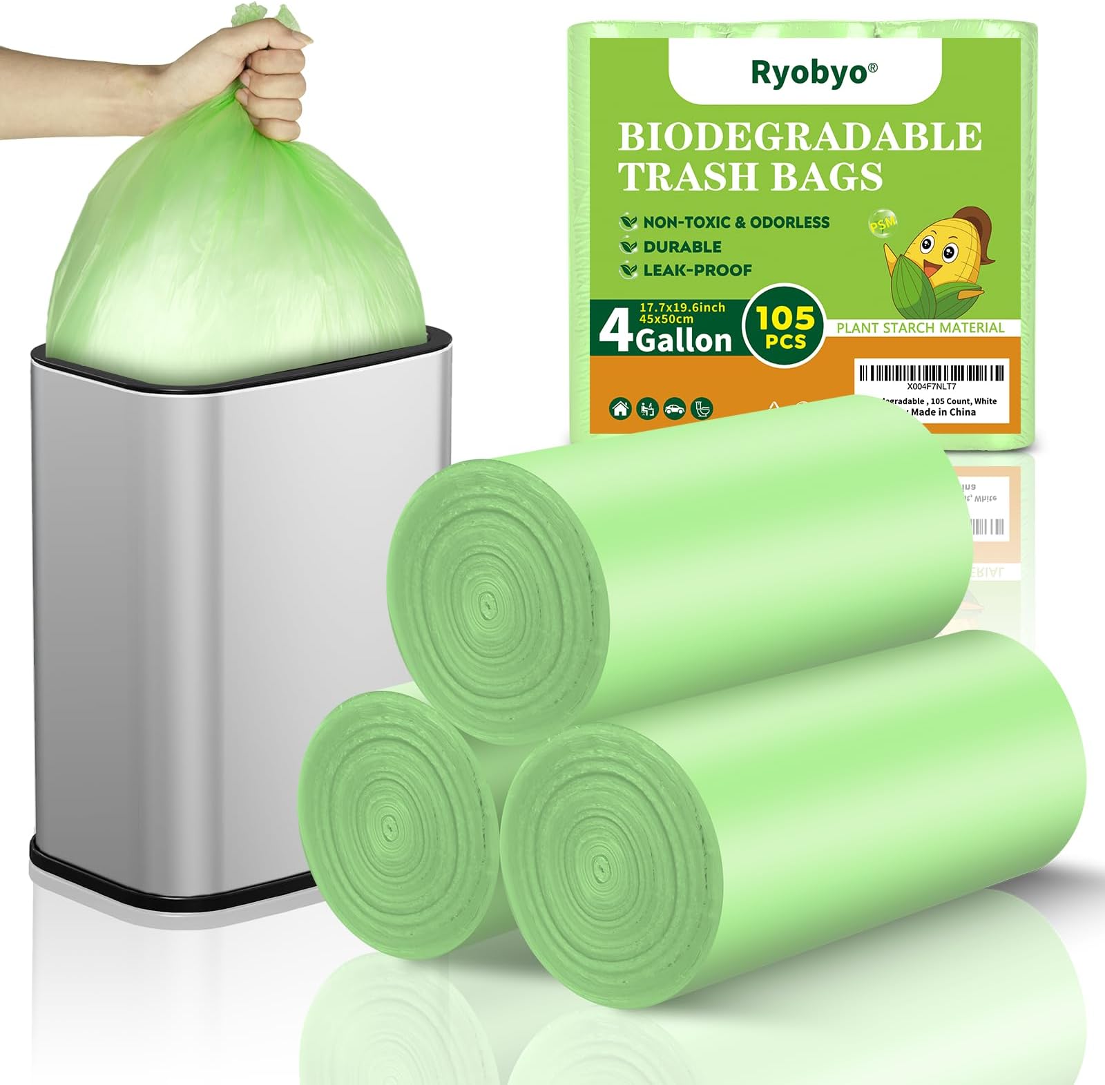 Amazon.com: Ryobyo Biodegradable Small Trash Bags 4 Gallon, 105 Counts ...