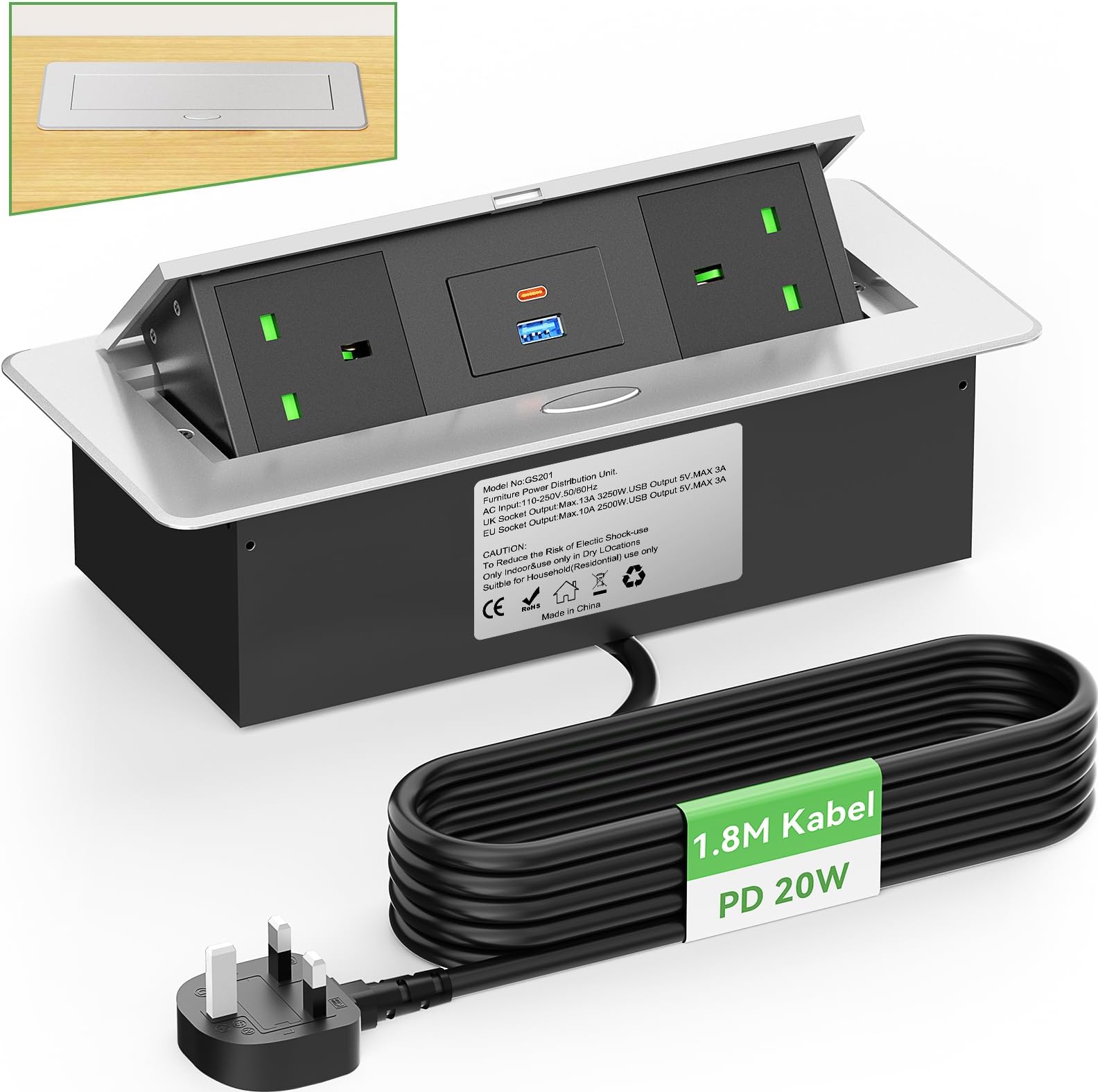 Metal Recessed Power Strip with USB C PD20W, Desk Recessed Power Socket ...