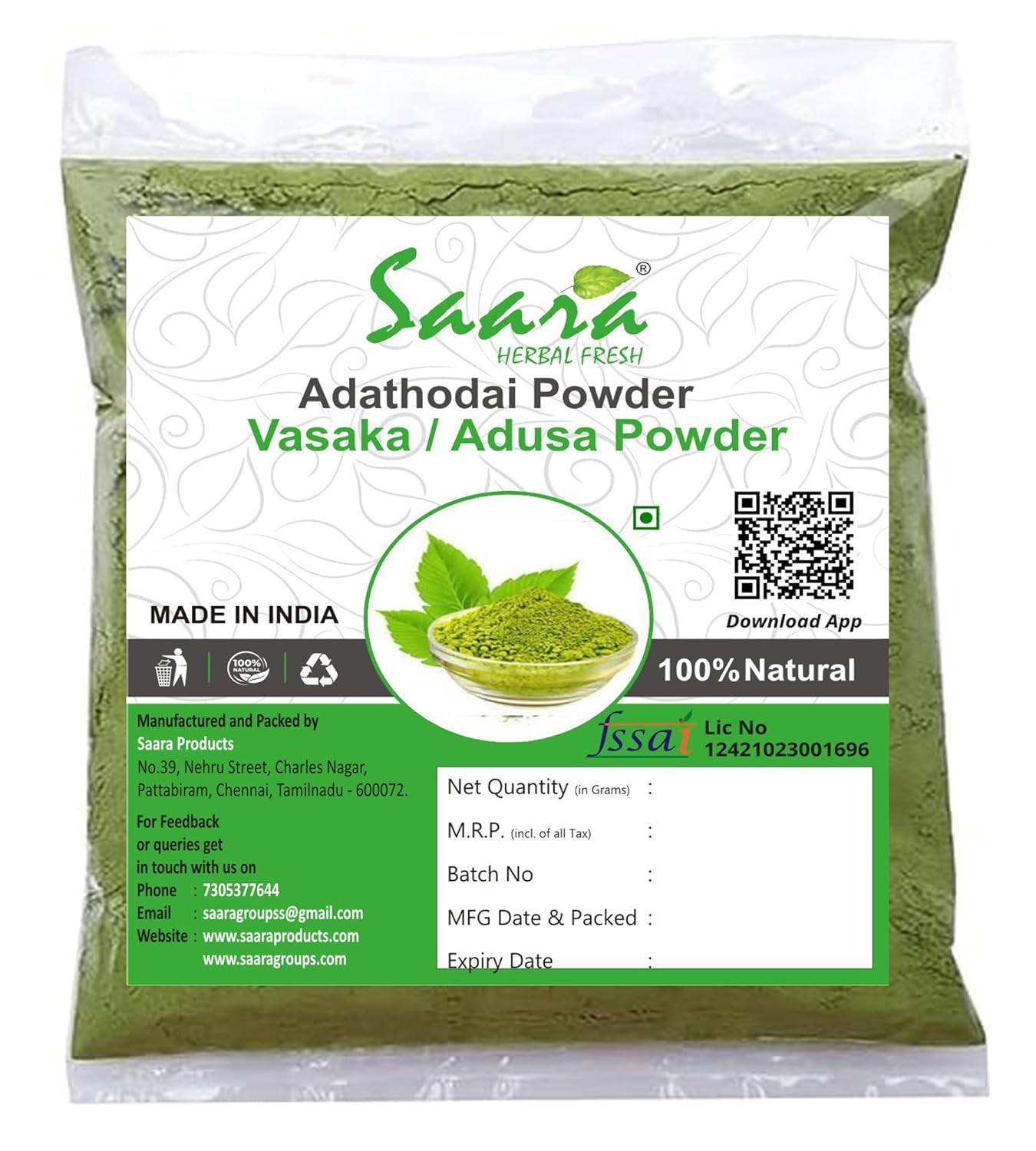 Saara HERBAL FRESH Adathodai Powder 200g | Vasaka | Adusa | Adalodakam ...