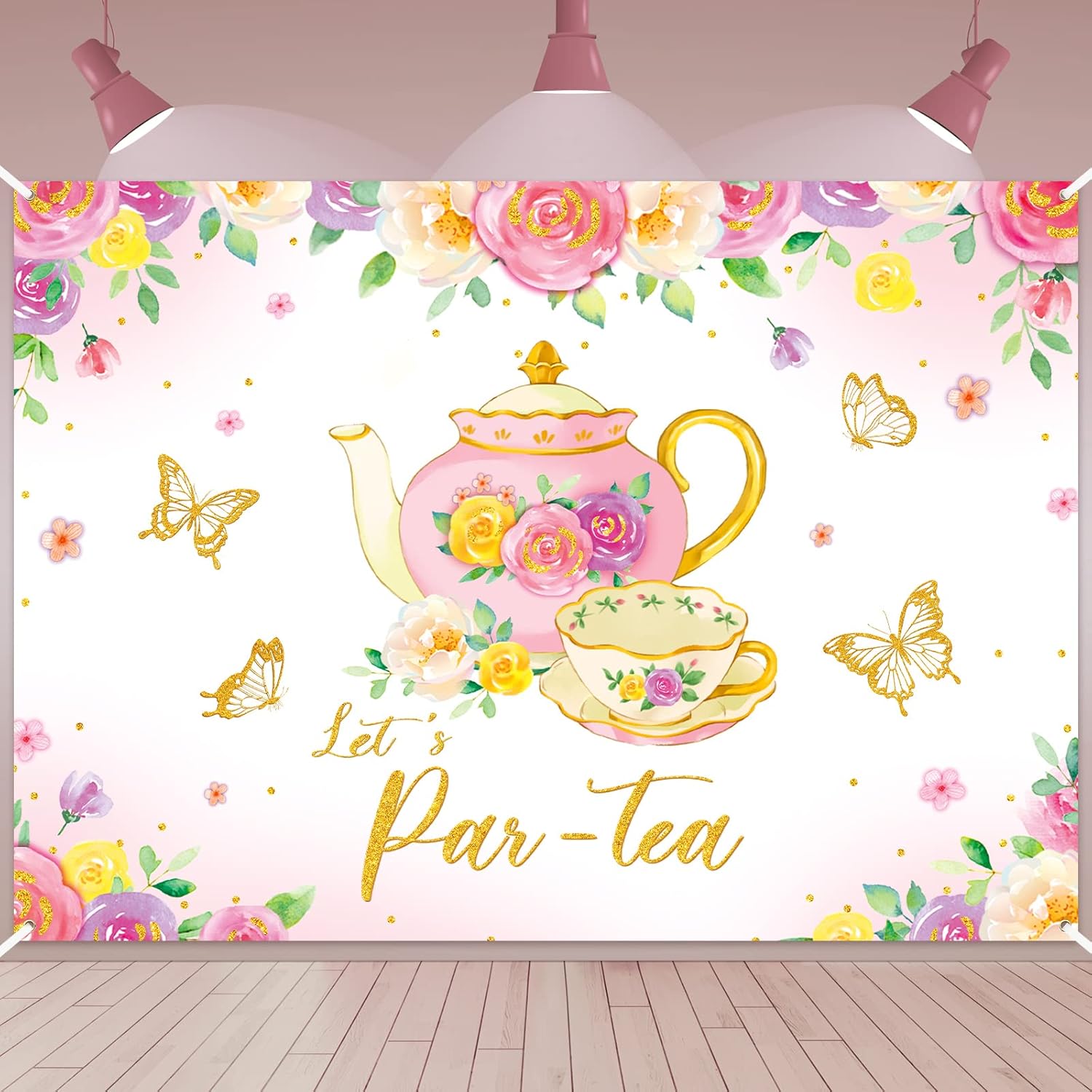 Amazon.com : Preboun 7x5ft Pink Floral Tea Party Backdrop Let's Partea ...