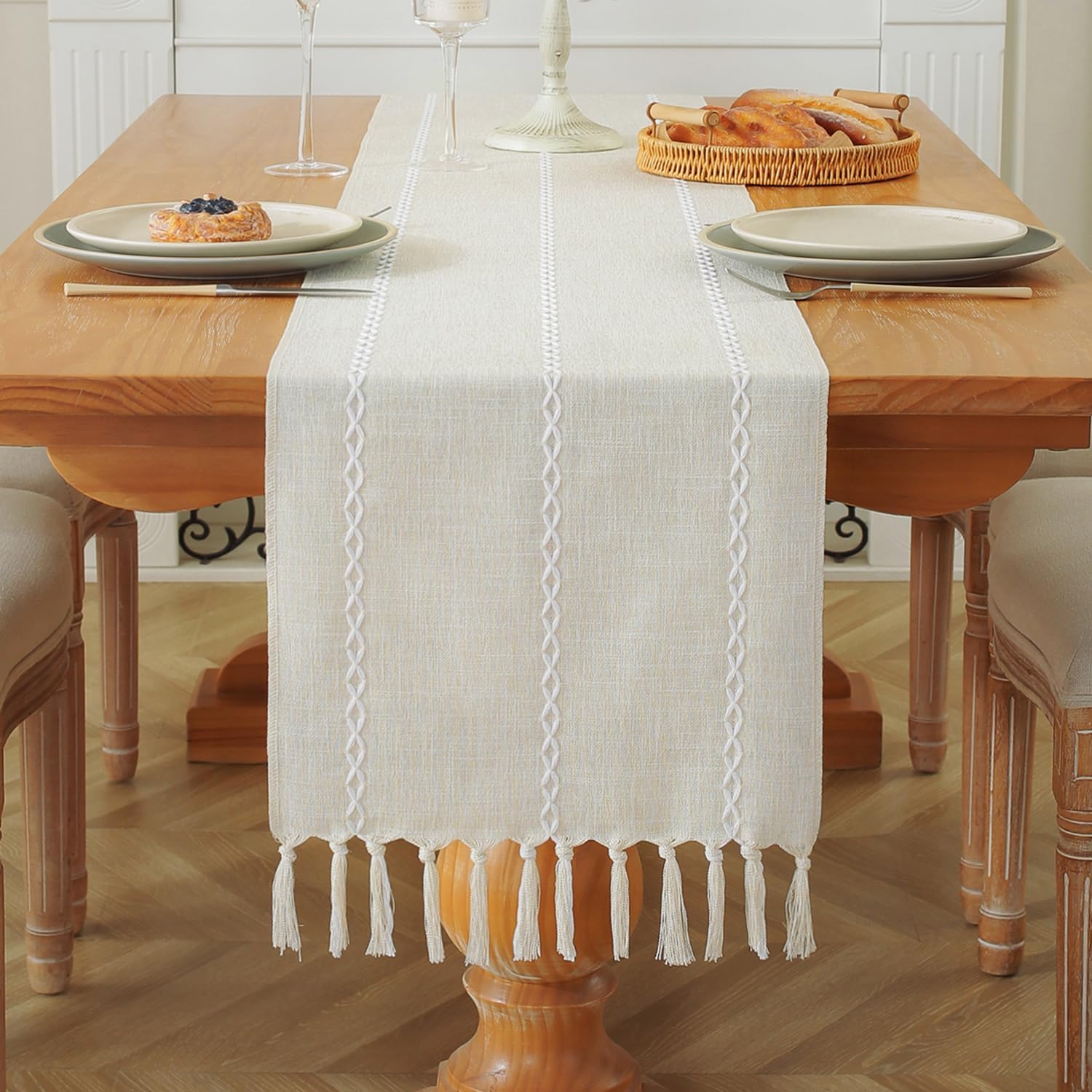 Amazon.com: Laolitou Rustic Table Runner with Tassels, Embroidered ...