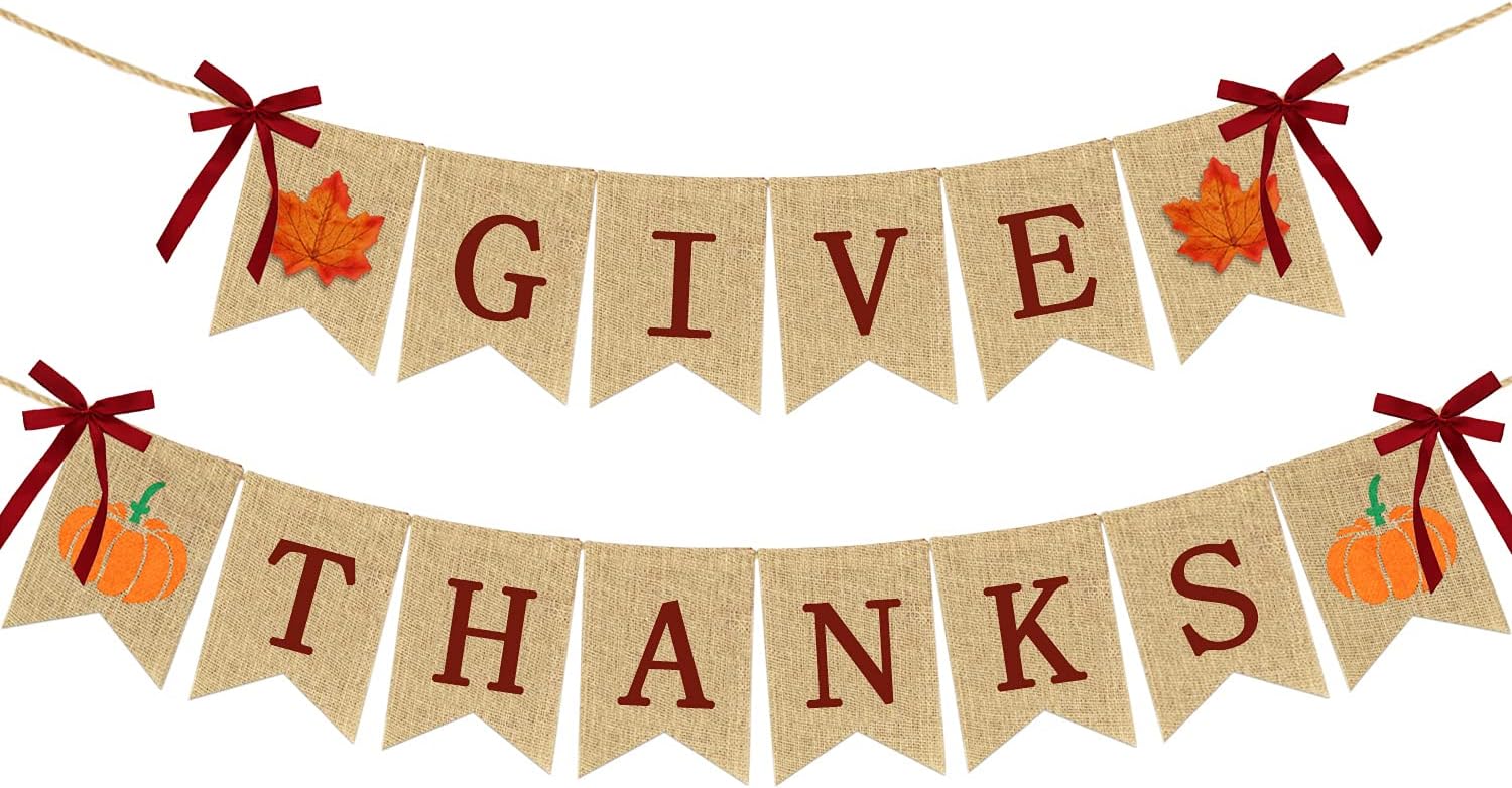 Amazon.com: Give Thanks Burlap Banners Thanksgiving Decorations ...