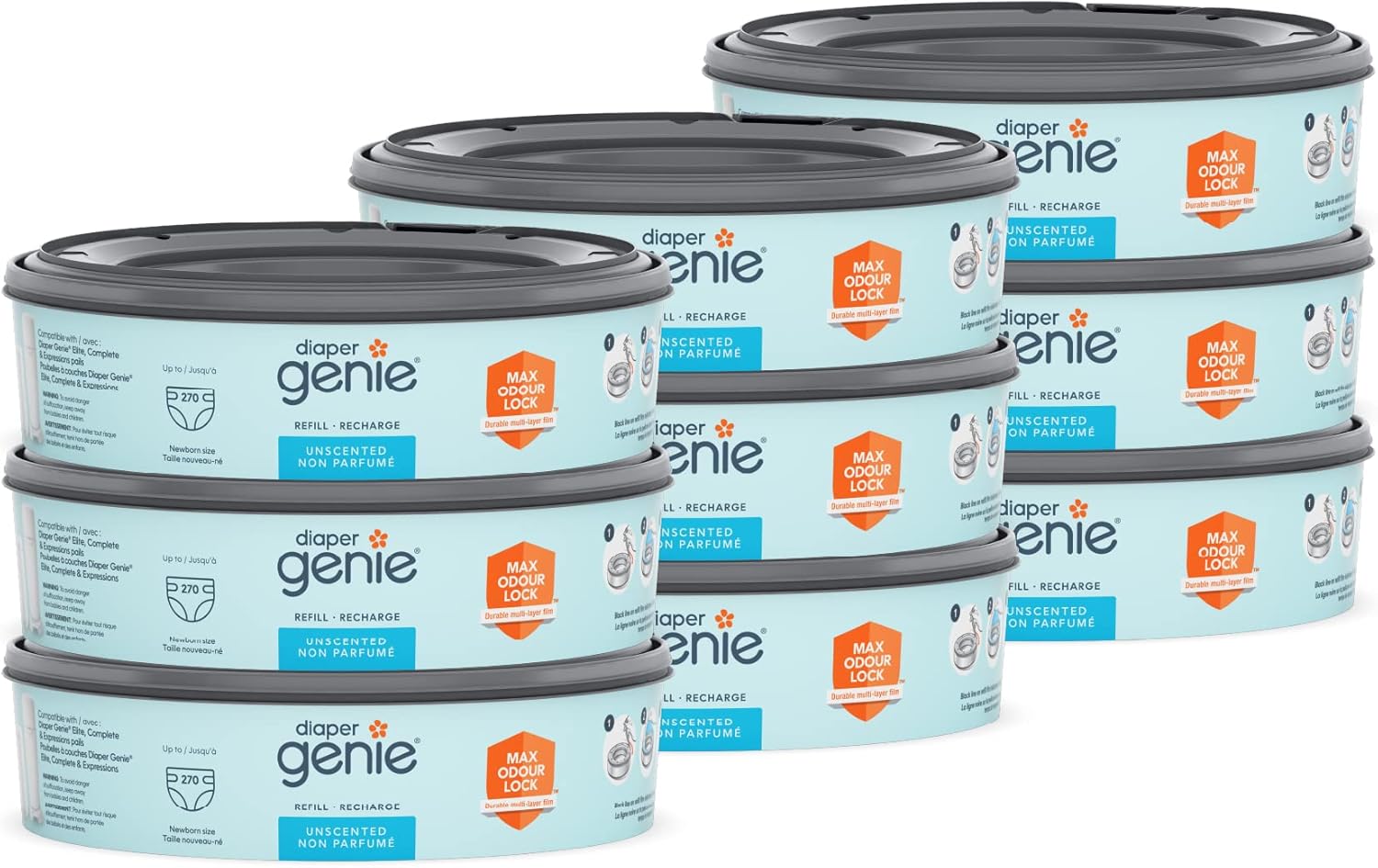 Diaper Genie Unscented Round Refill 9-pack with a continuous film that ...