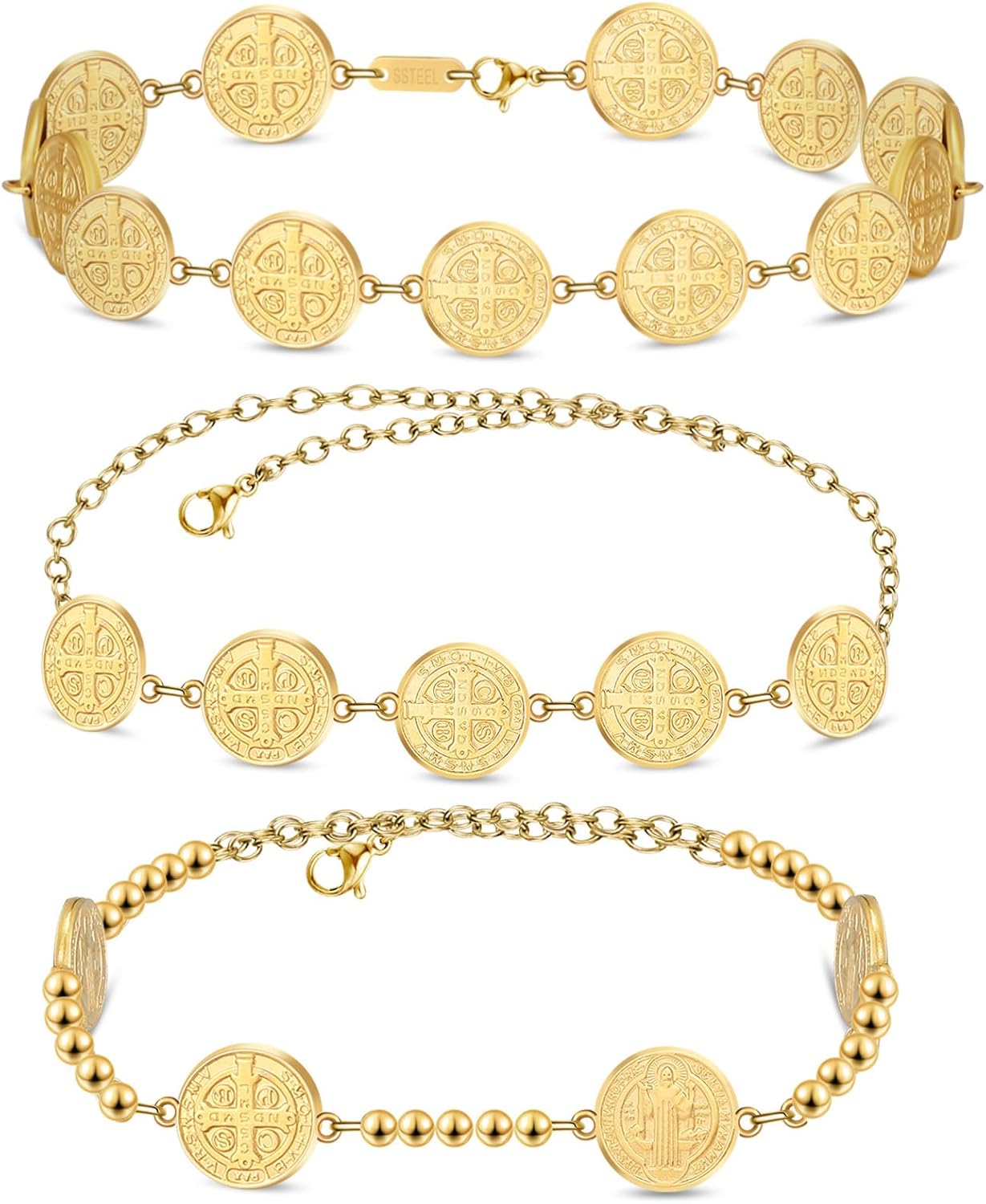 Amazon.com: Tondiamo 3 Pcs Gold Catholic Bracelet Saint Benedict Coins ...