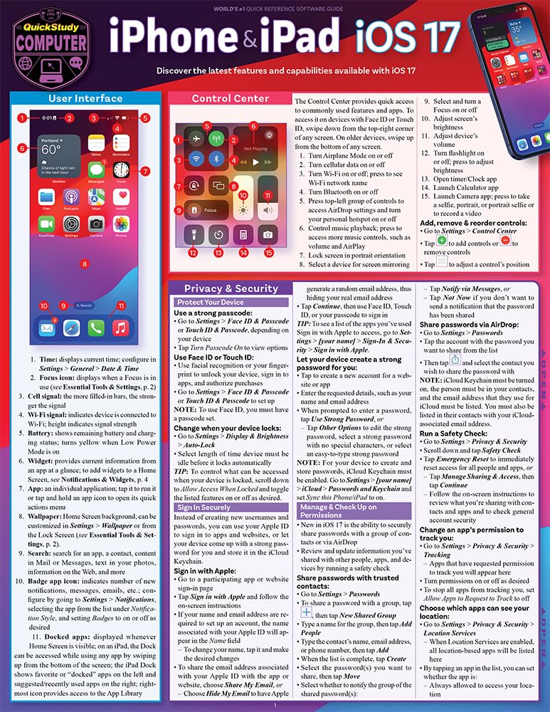 Buy iPhone & iPad IOS 17: A Quickstudy Laminated Reference Guide Book ...
