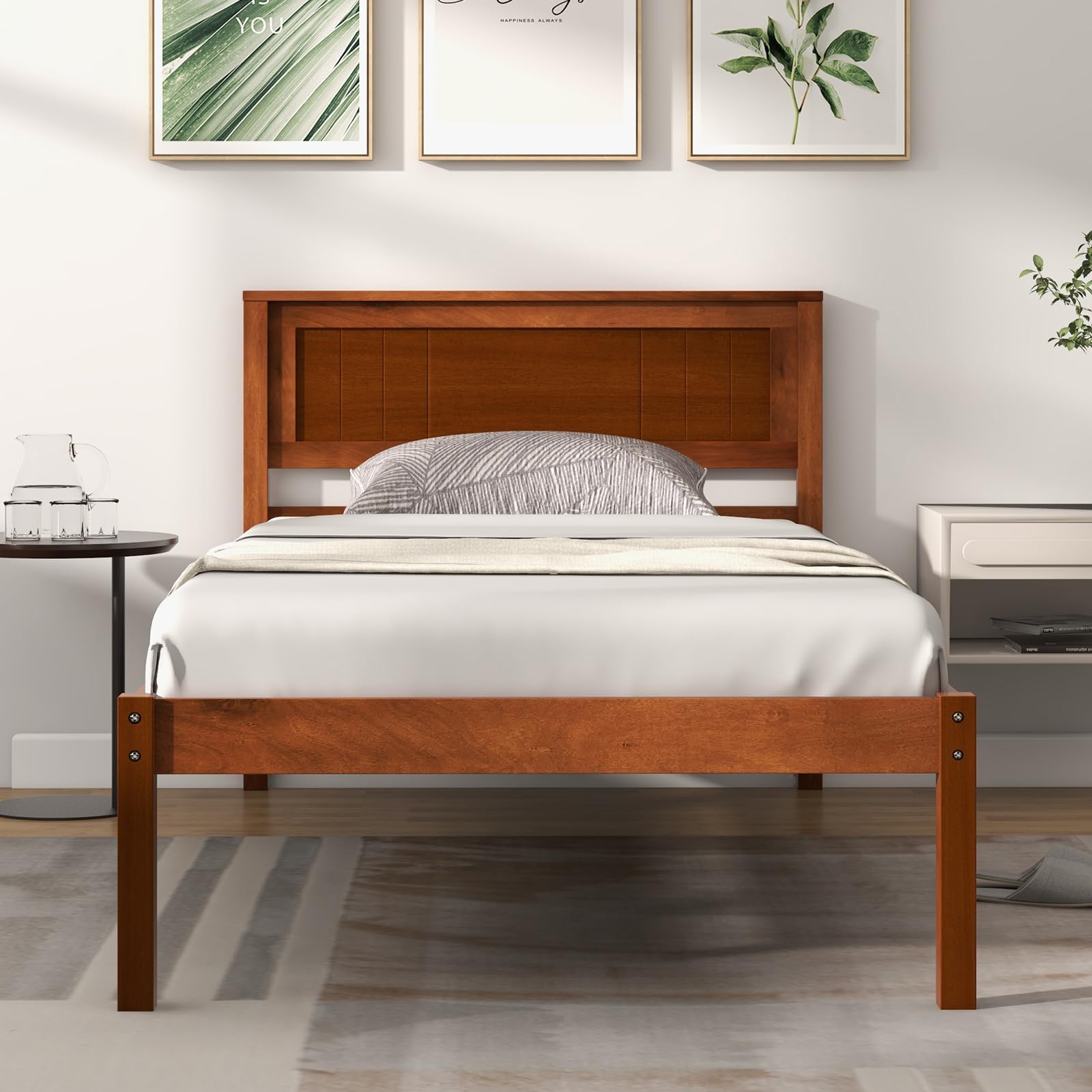 Giantex Wood Twin Platform Bed with Headboard, Mid Century Solid Wood ...