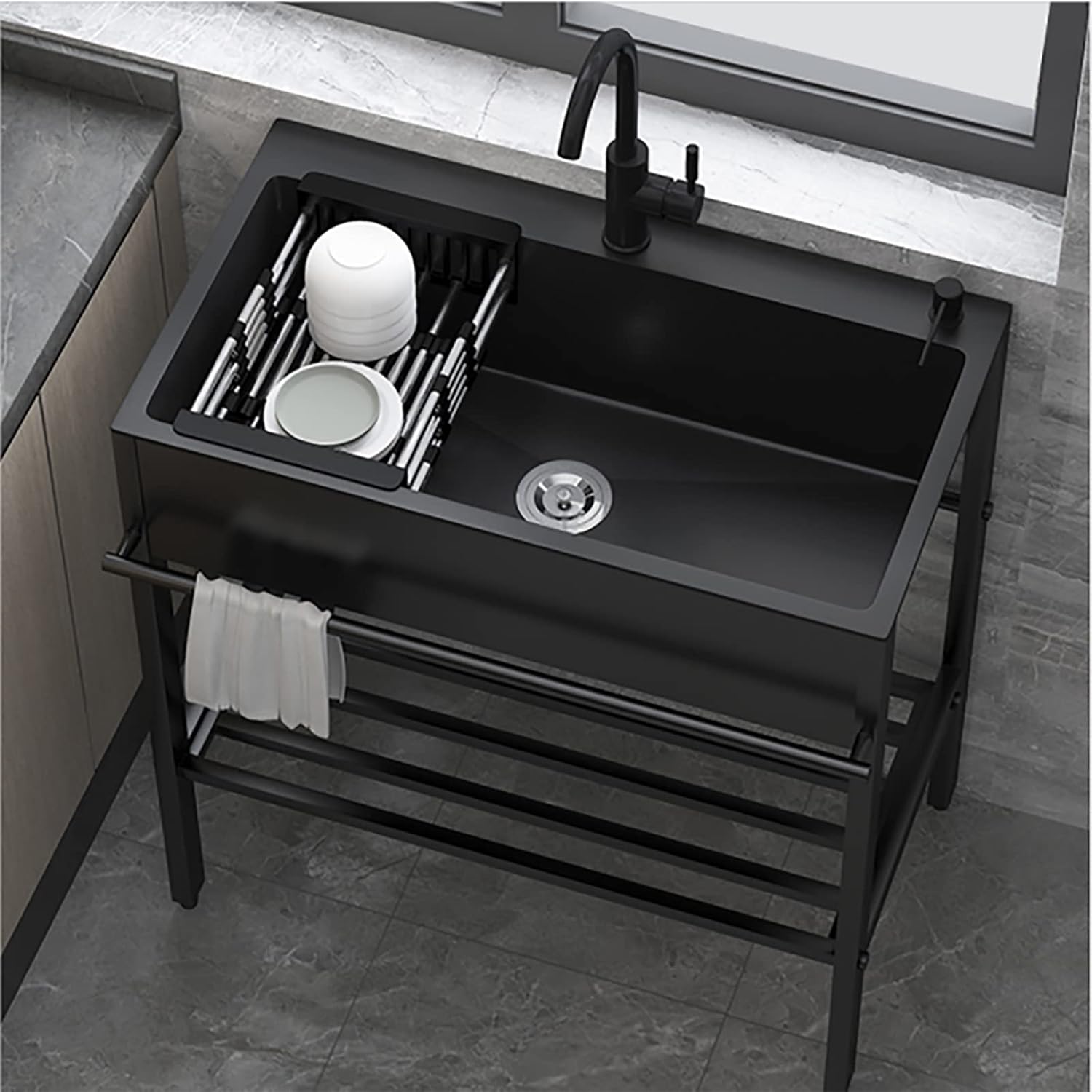 Amazon.co.jp: ブラック キッチン シンク ステンレス スチール シンク ガーデン シンク 業務用シンク 引き出し式蛇口付き ...
