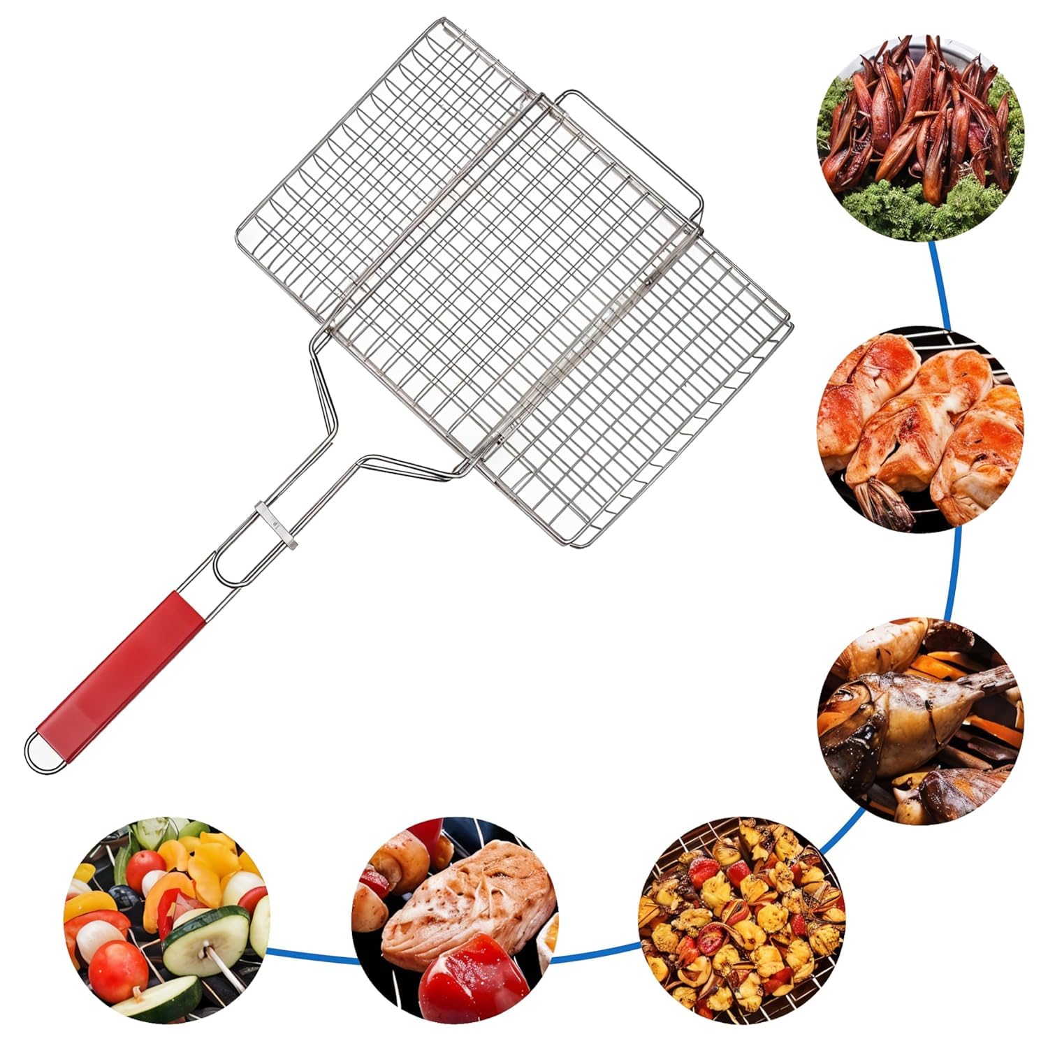 Portable BBQ Grill Net Basket – Mild Steel Grilling Tray with Wooden ...