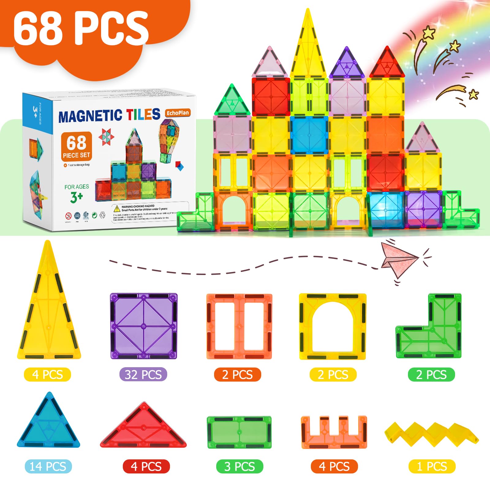 Snapklik.com : Magnetic Tiles,68PCS Magnetic Building Blocks,Magnet ...