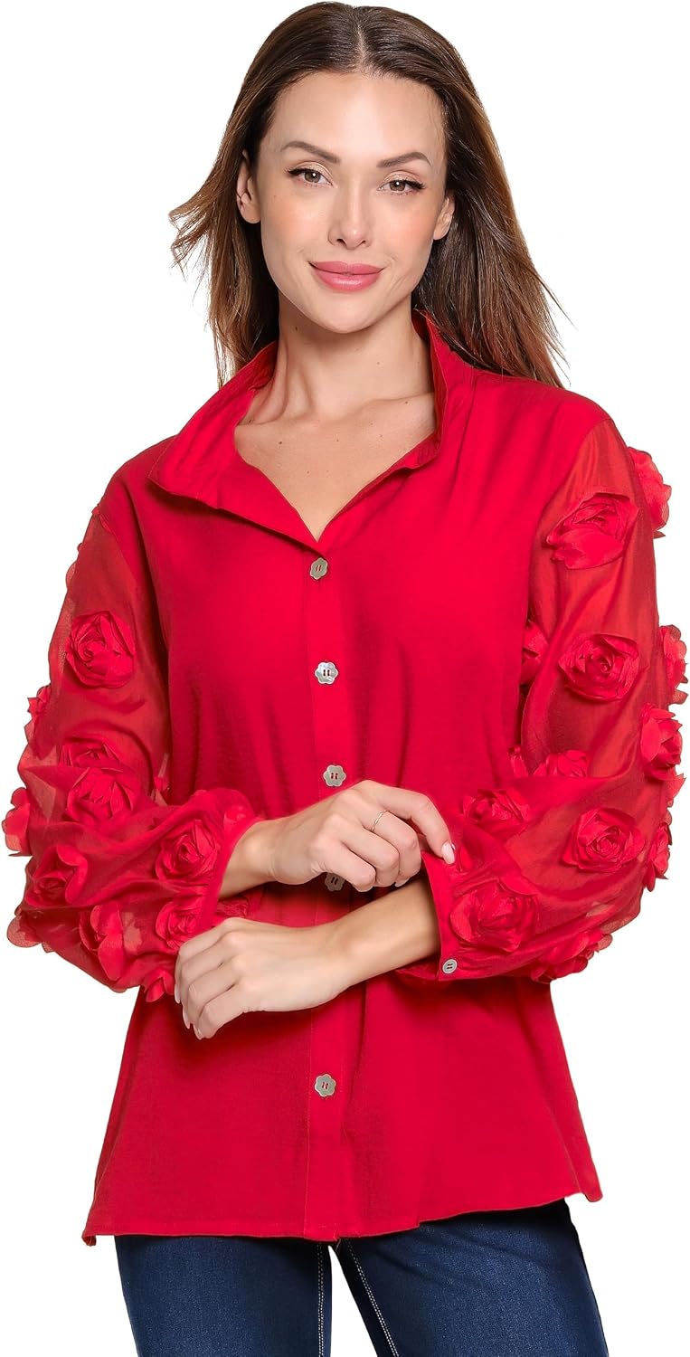 John Mark Wire Collar Button Front with Sheer 3D Rosette, Scarlet, S at ...