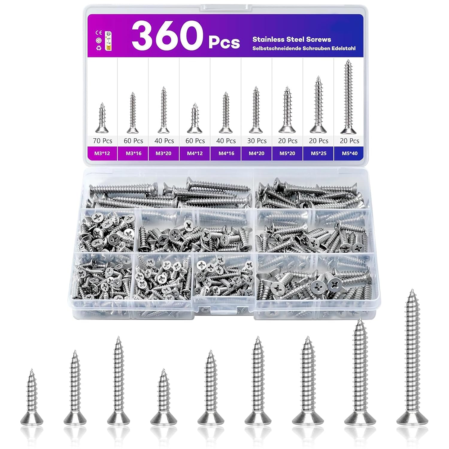 360PCS Self Tapping Screws, M3/M4/M5 Stainless Steel Screws Assortment ...